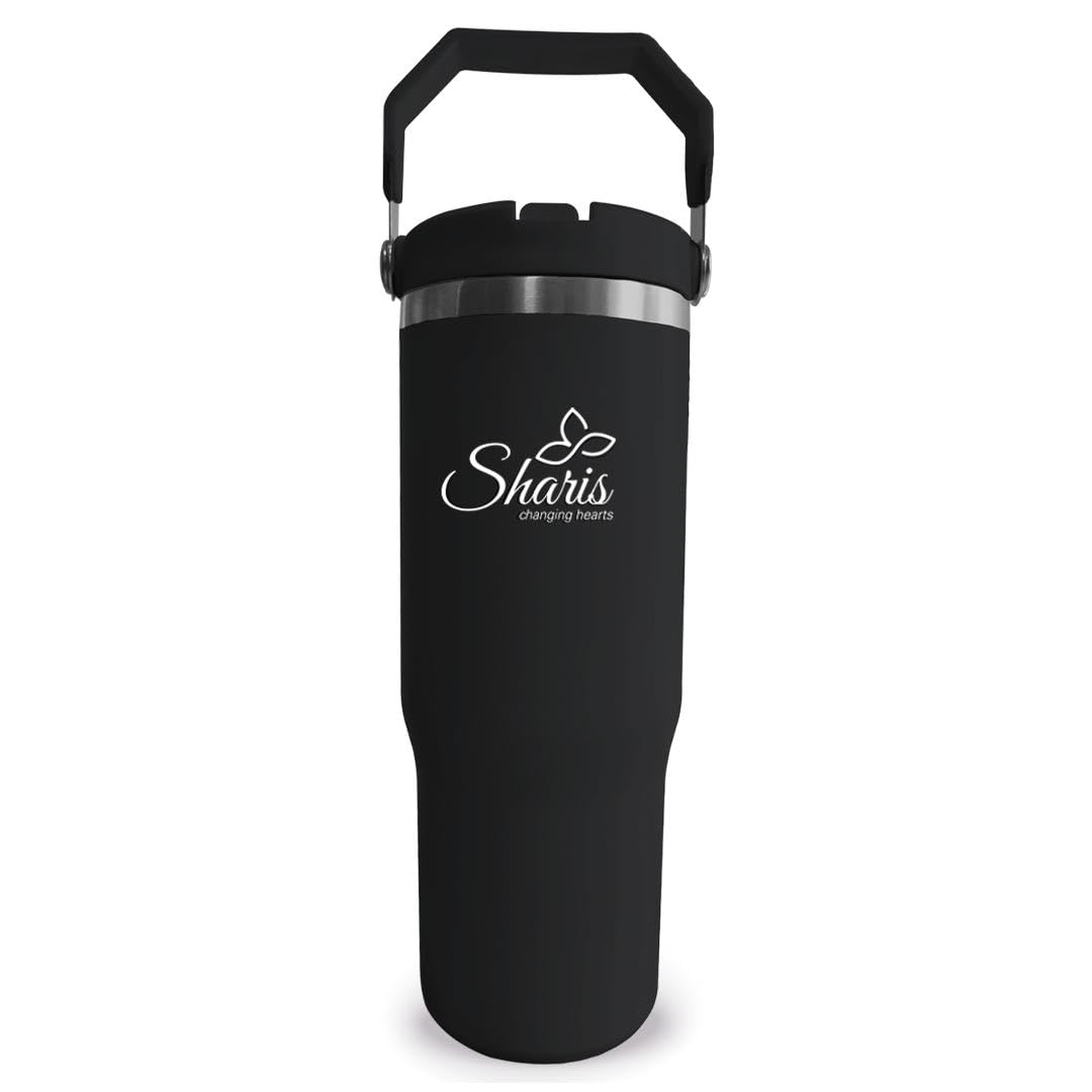 SHARIS 30 oz Tumbler with Flip Straw - Leak Proof - Water Tumbler with Flip Handle - No Spill Tumbler - Cup Friendly -Vacuum Insulated - Handle on Top - Bonus 1Straws 1 Cleaning Brush (Black)
