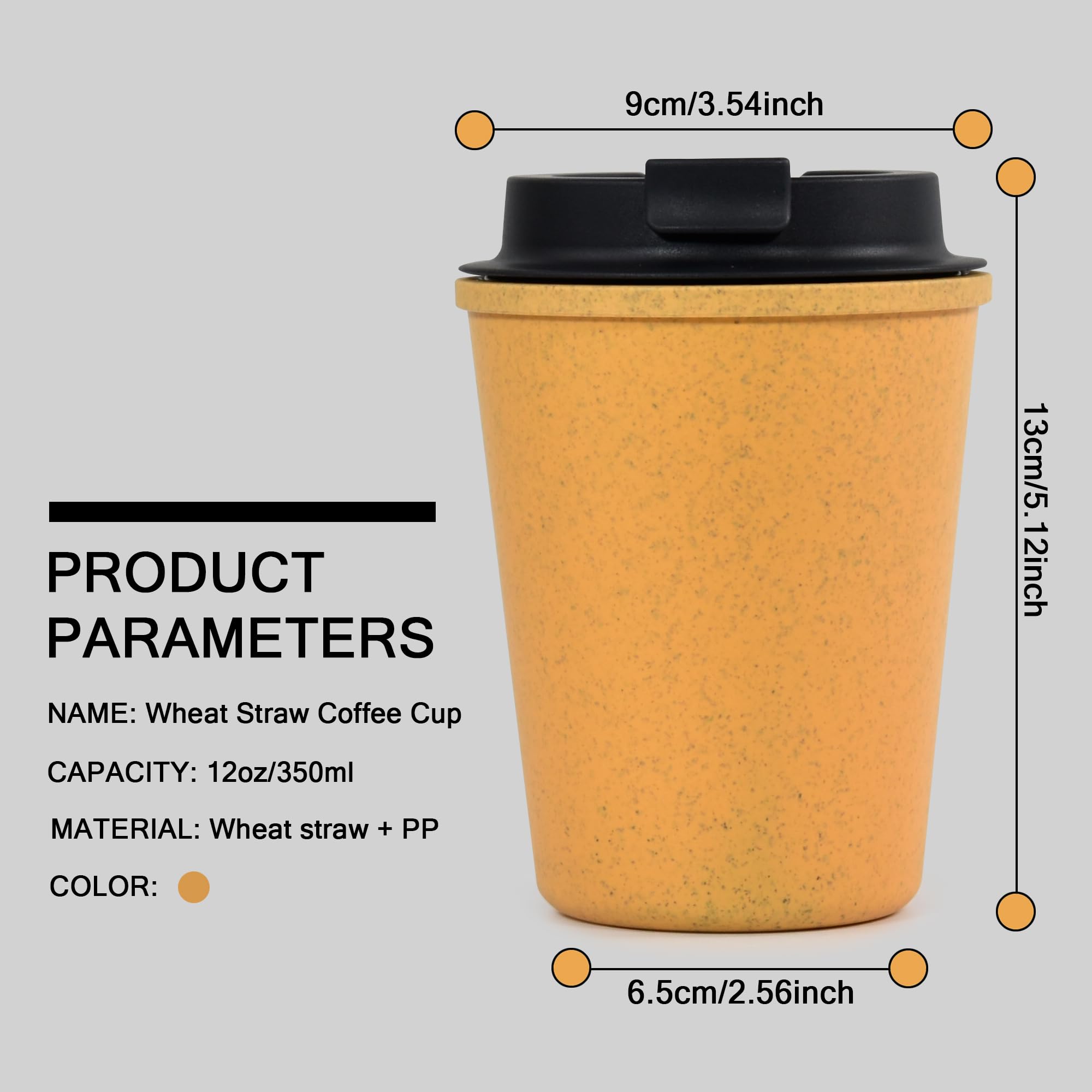 sweet grain 12oz Wheat Straw Coffee Cup with Lid - Double-Wall Insulated Travel Mug, Leakproof Reusable Tumbler for Commute, Hot/Cold Beverages (Yellow)