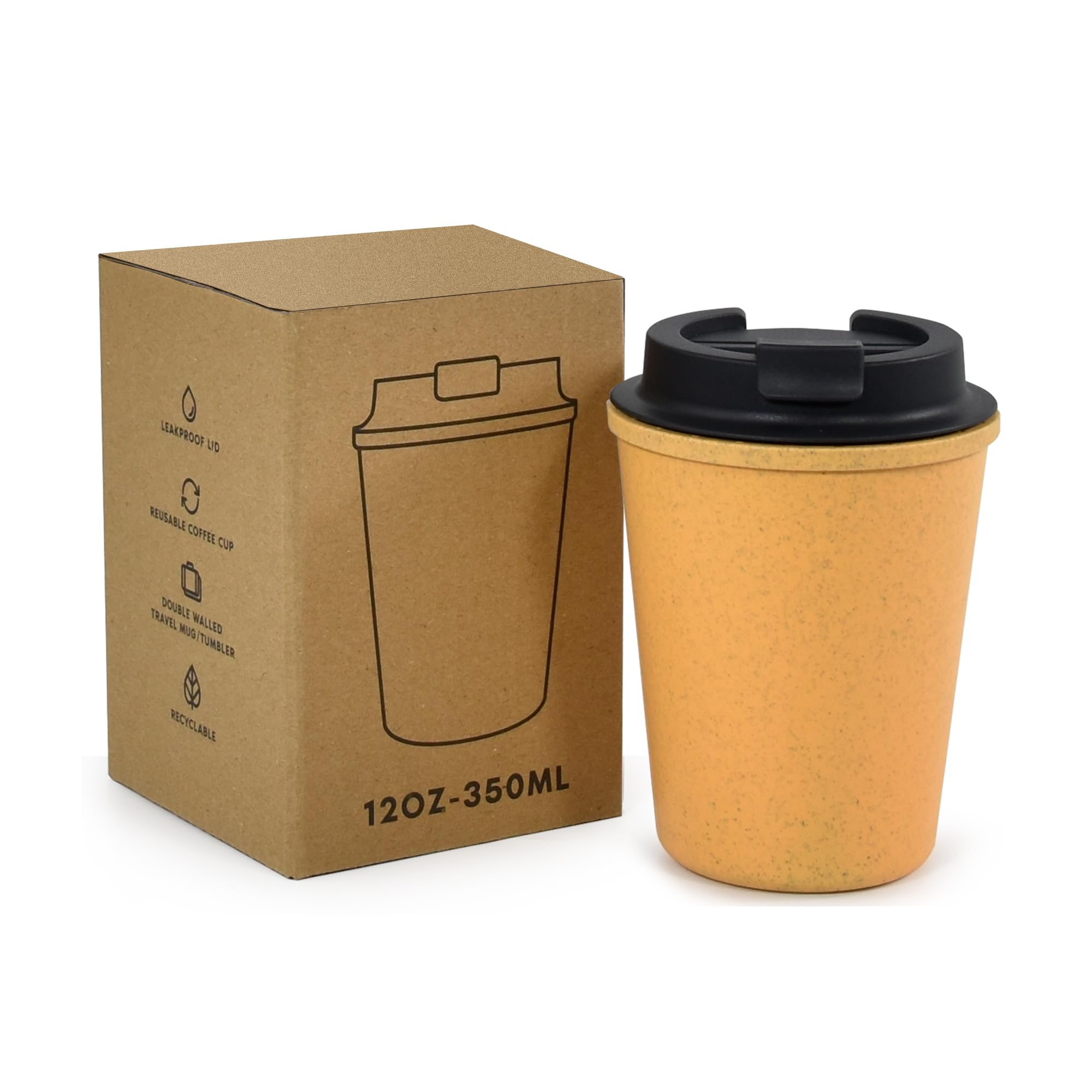 sweet grain 12oz Wheat Straw Coffee Cup with Lid - Double-Wall Insulated Travel Mug, Leakproof Reusable Tumbler for Commute, Hot/Cold Beverages (Yellow)