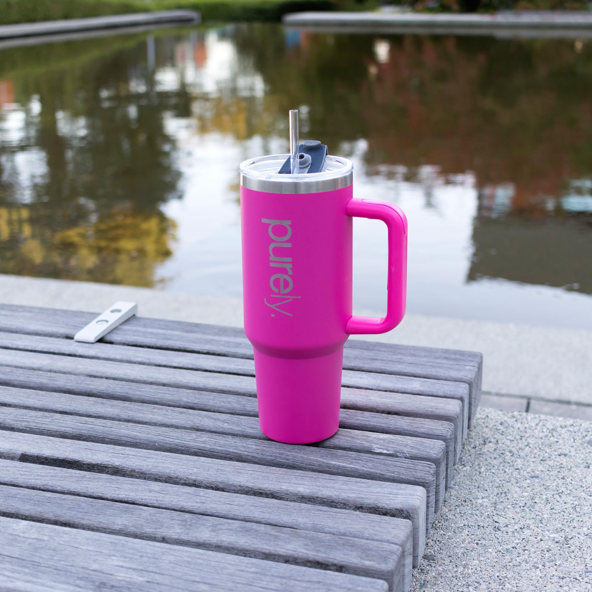 PURELY 40 oz Ceramic Lined Insulated Tumbler with Handle, Leak Resistant 2-way Lid and Straw, Ceramic Lined Travel Mug (Pink, 40oz)