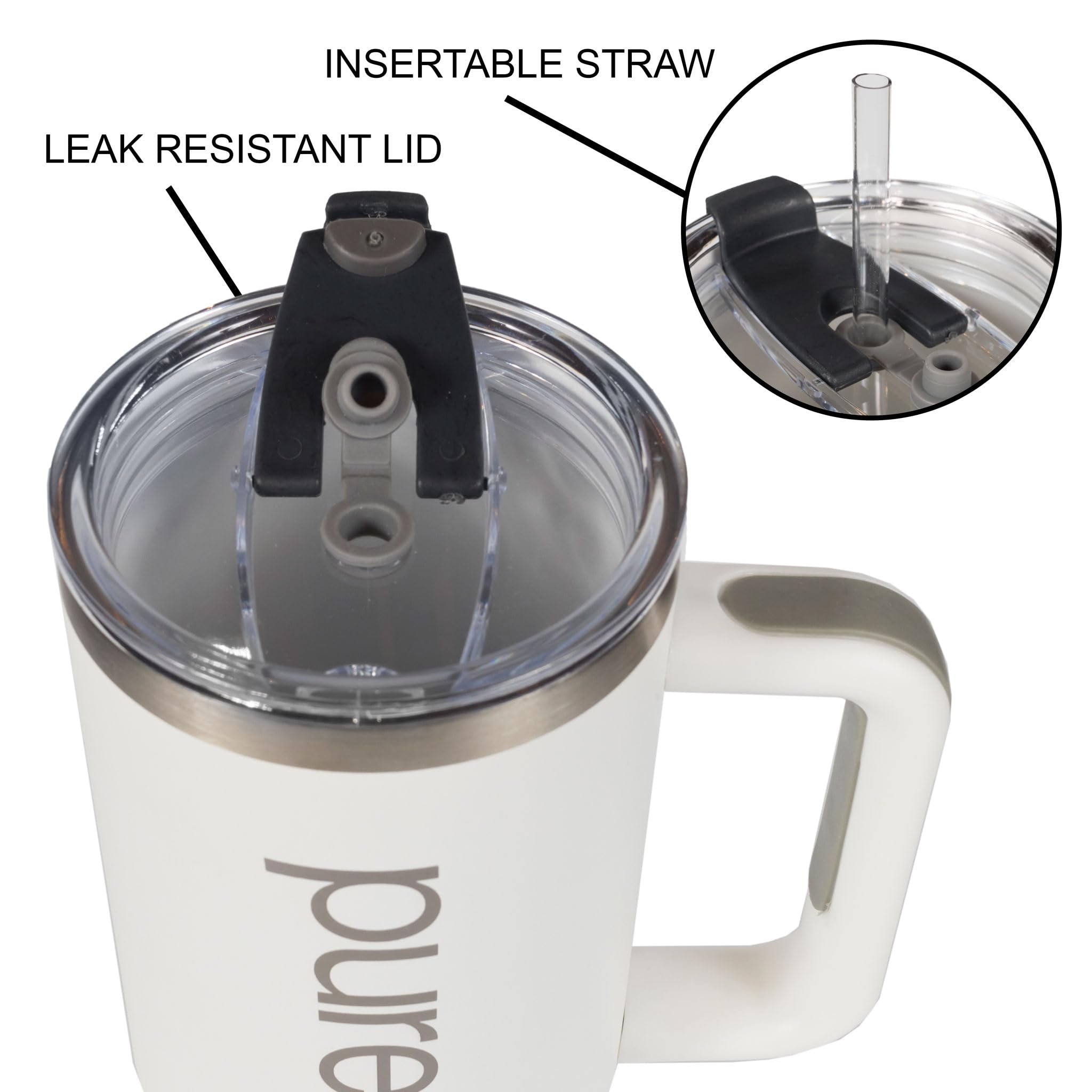 PURELY 40 oz Ceramic Lined Insulated Tumbler with Handle, Leak Resistant 2-way Lid and Straw, Ceramic Lined Travel Mug (White, 40oz)