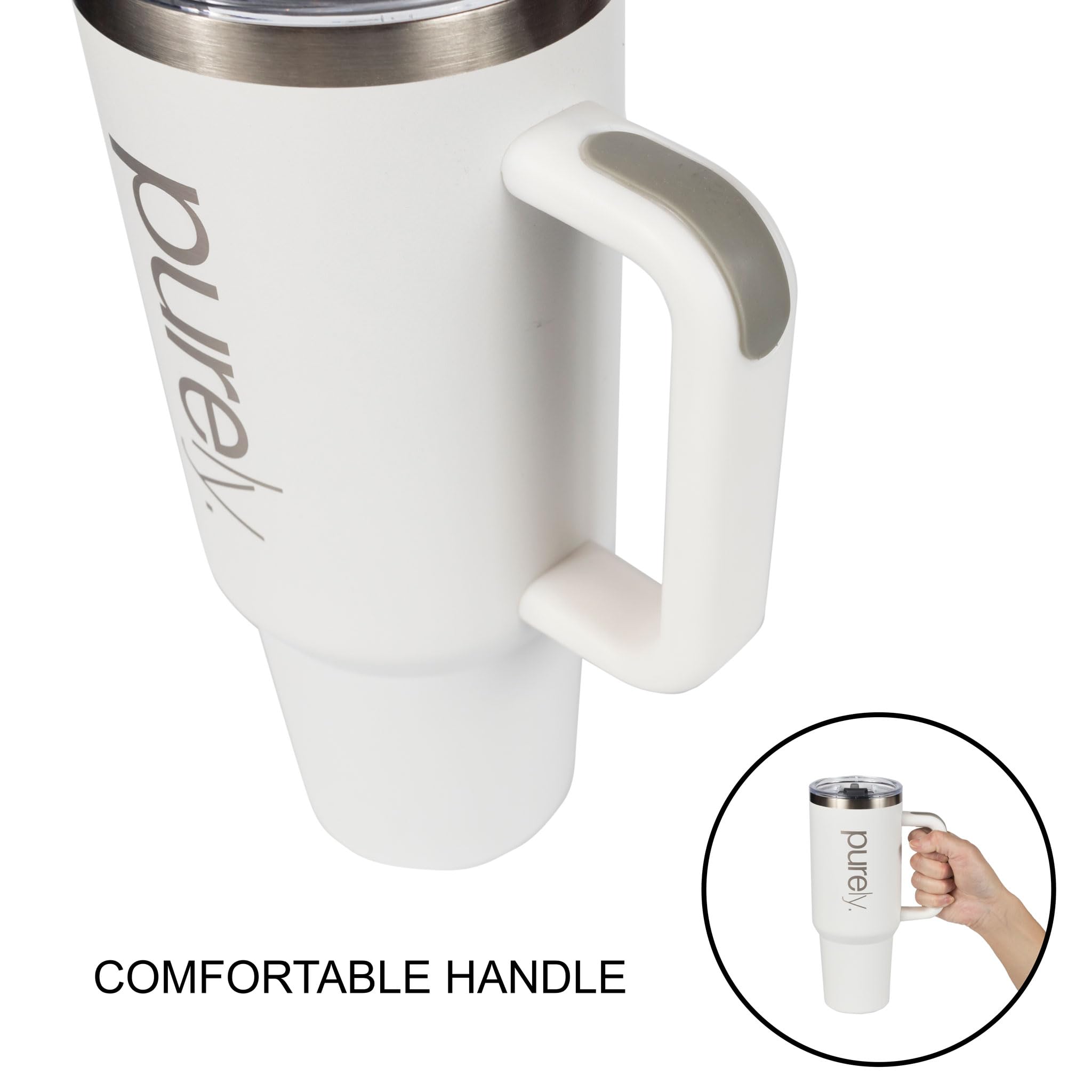 PURELY 40 oz Ceramic Lined Insulated Tumbler with Handle, Leak Resistant 2-way Lid and Straw, Ceramic Lined Travel Mug (White, 40oz)