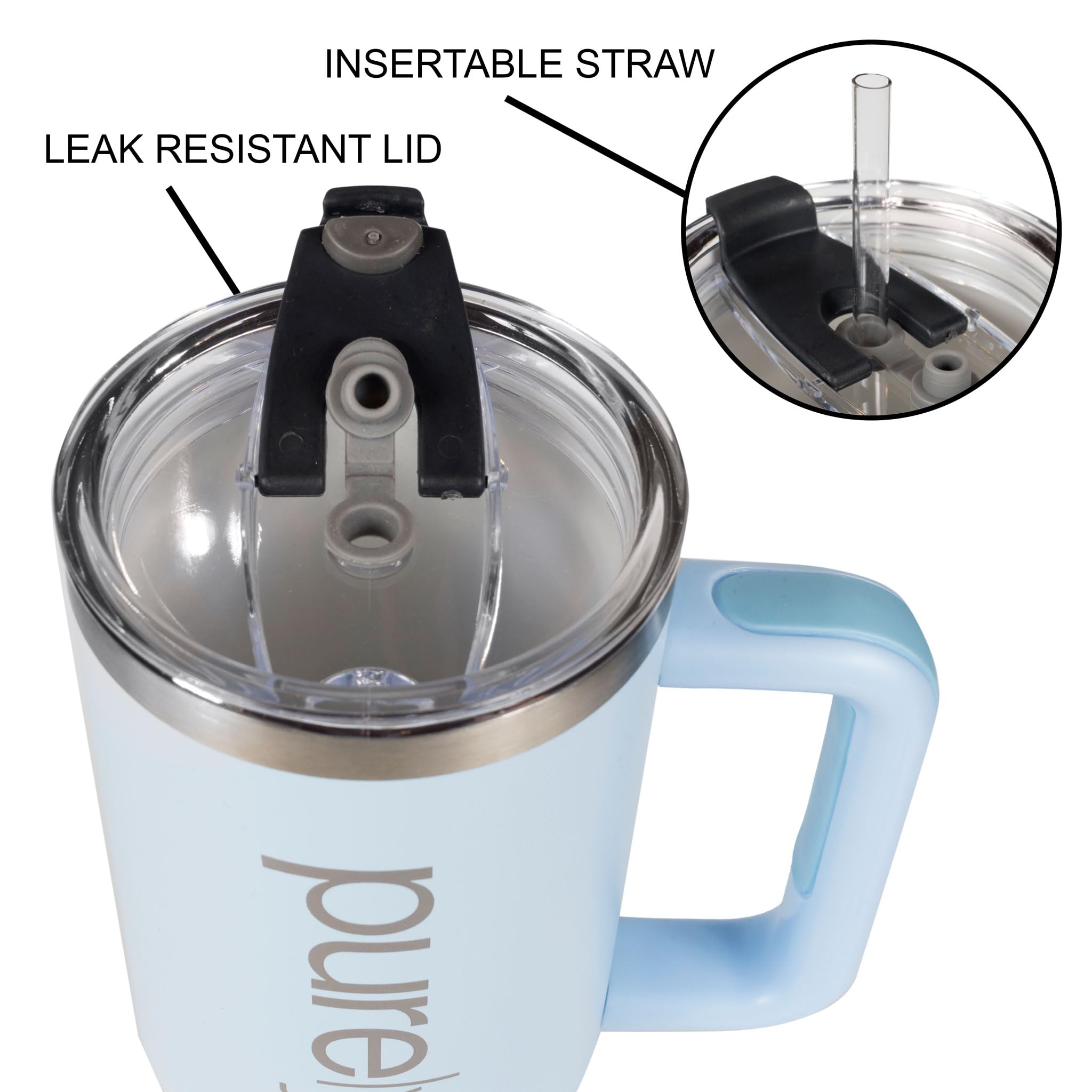 PURELY 40 oz Ceramic Lined Insulated Tumbler with Handle, Leak Resistant 2-way Lid and Straw, Ceramic Lined Travel Mug (Blue, 40oz)