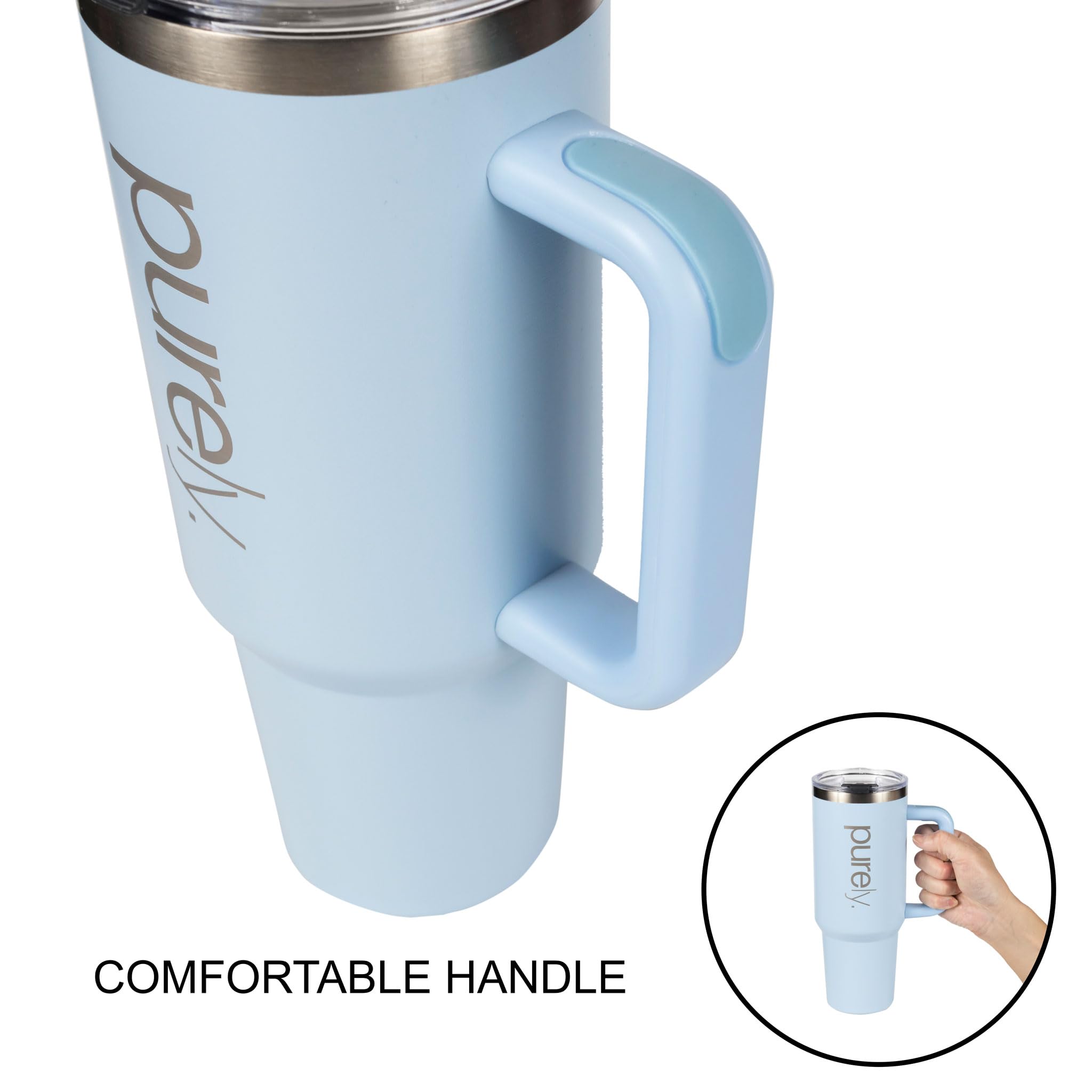 PURELY 40 oz Ceramic Lined Insulated Tumbler with Handle, Leak Resistant 2-way Lid and Straw, Ceramic Lined Travel Mug (Blue, 40oz)