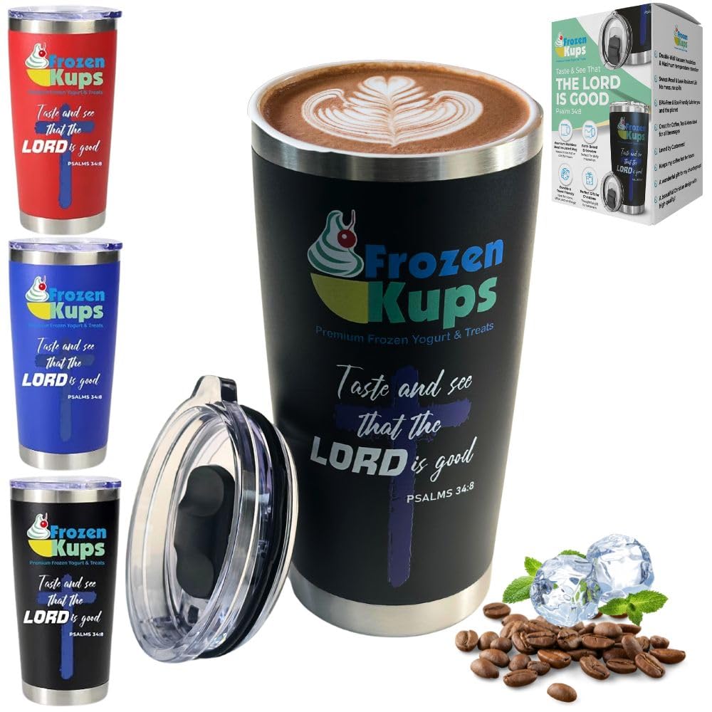 Frozen Kups 20oz Stainless Steel Tumbler Blue, Insulated Coffee Tumbler with Lid, Hot and Cold Travel Coffee Mug, BPA-Free Spill-Proof Insulated Mug, Double-Wall Vacuum Insulated Tumbler (Black)