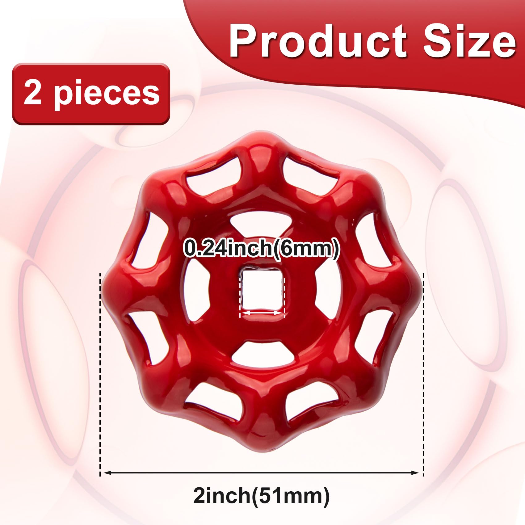 STSTR 2PCS Outdoor Faucet Handles, 6 x 6 mm Square Stem Hole Round Wheel Hose Bib Handle, Red Water Spigot Handle, Rustproof Outdoor Faucet Valve Replacement Parts for Garden Bathroom