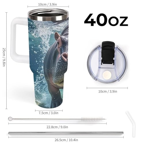 FHECVBN White 40 Oz Insulated Tumbler with Handle Diving Hippo Printed Leakproof Water Bottle Coffee Mug Car Cup for Gym Outdoors Commute Work