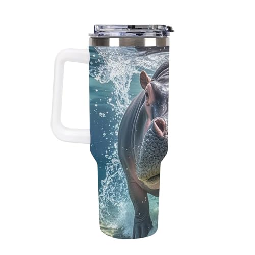 FHECVBN White 40 Oz Insulated Tumbler with Handle Diving Hippo Printed Leakproof Water Bottle Coffee Mug Car Cup for Gym Outdoors Commute Work