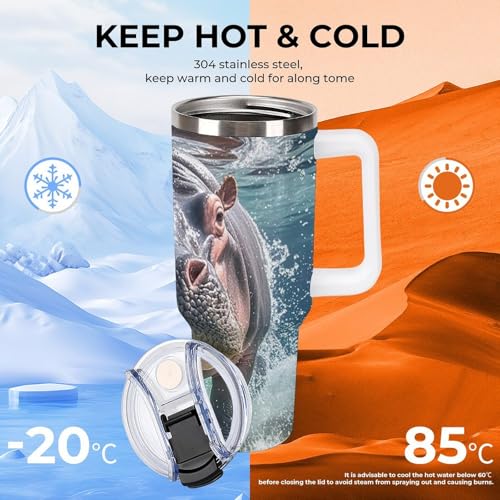 FHECVBN White 40 Oz Insulated Tumbler with Handle Diving Hippo Printed Leakproof Water Bottle Coffee Mug Car Cup for Gym Outdoors Commute Work