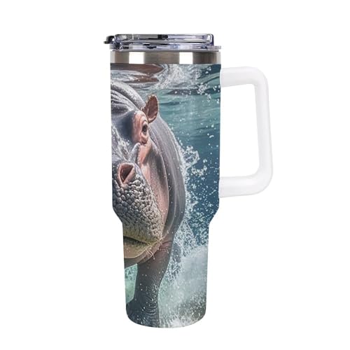 FHECVBN White 40 Oz Insulated Tumbler with Handle Diving Hippo Printed Leakproof Water Bottle Coffee Mug Car Cup for Gym Outdoors Commute Work