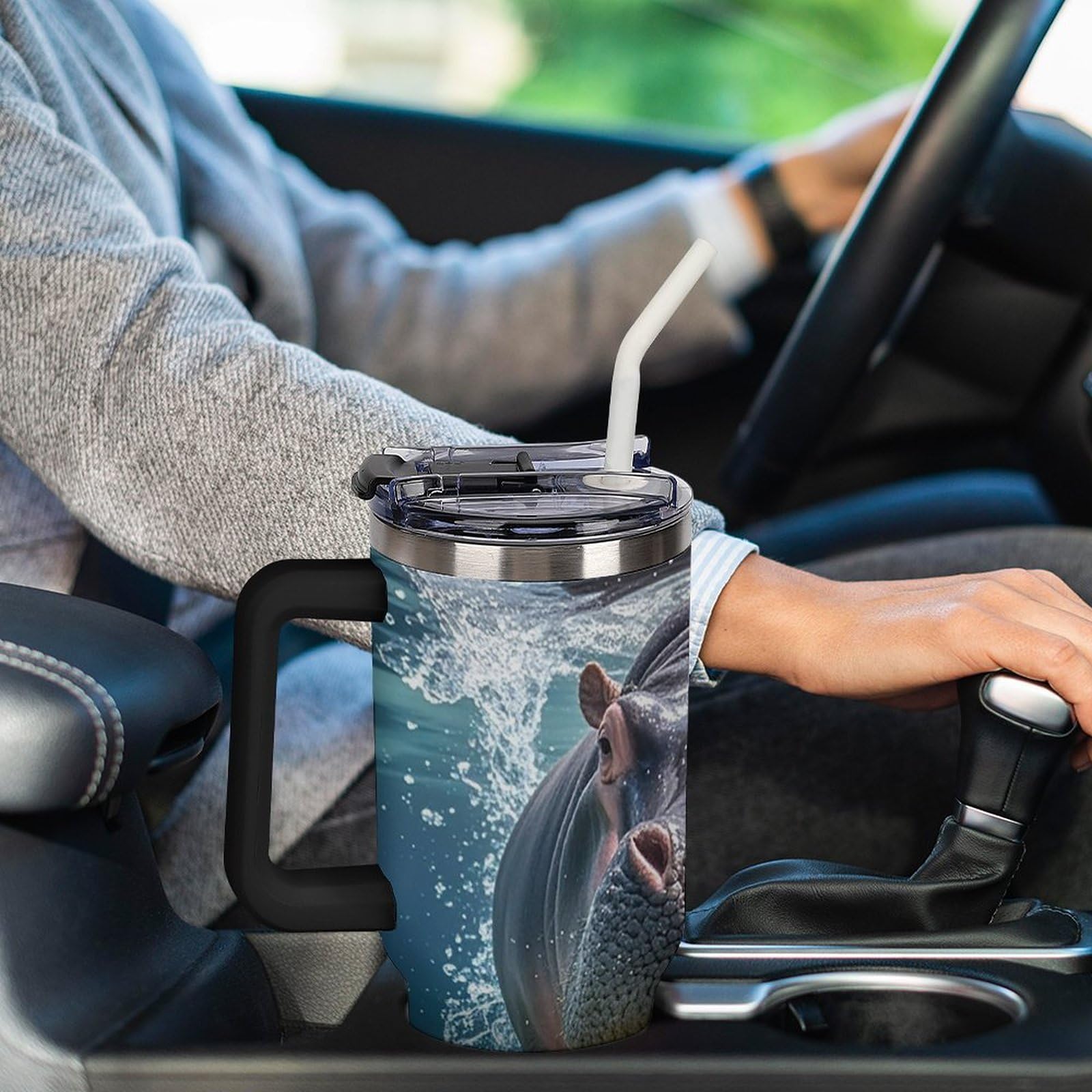 FHECVBN Black 40 Oz Insulated Tumbler with Handle Diving Hippo Printed Leakproof Water Bottle Coffee Mug Car Cup for Gym Outdoors Commute Work