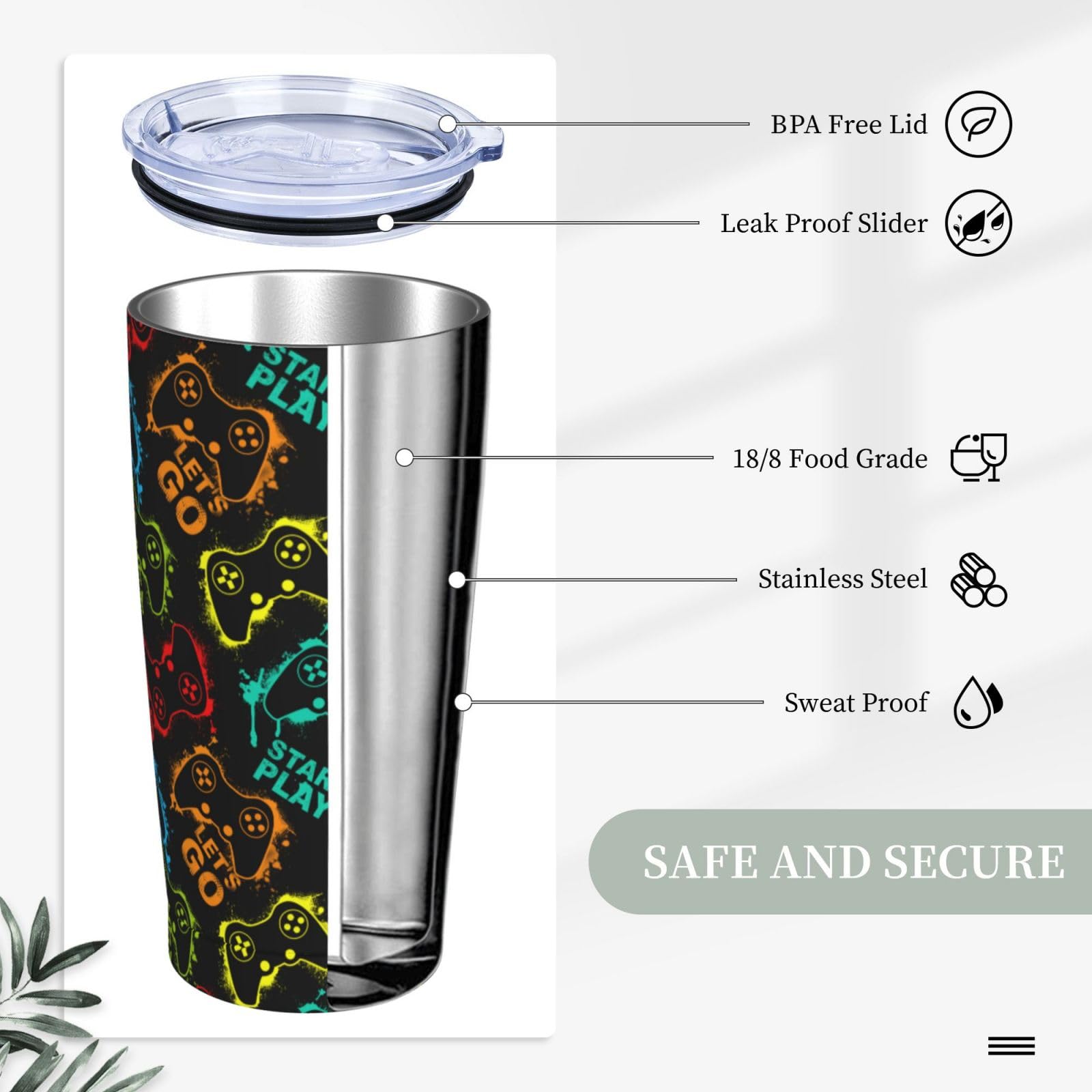 Yobvec Gaming Tumbler Cup with Lid and Straw, 20 Oz Stainless Steel Insulated Gamer Mug Gaming Accessories