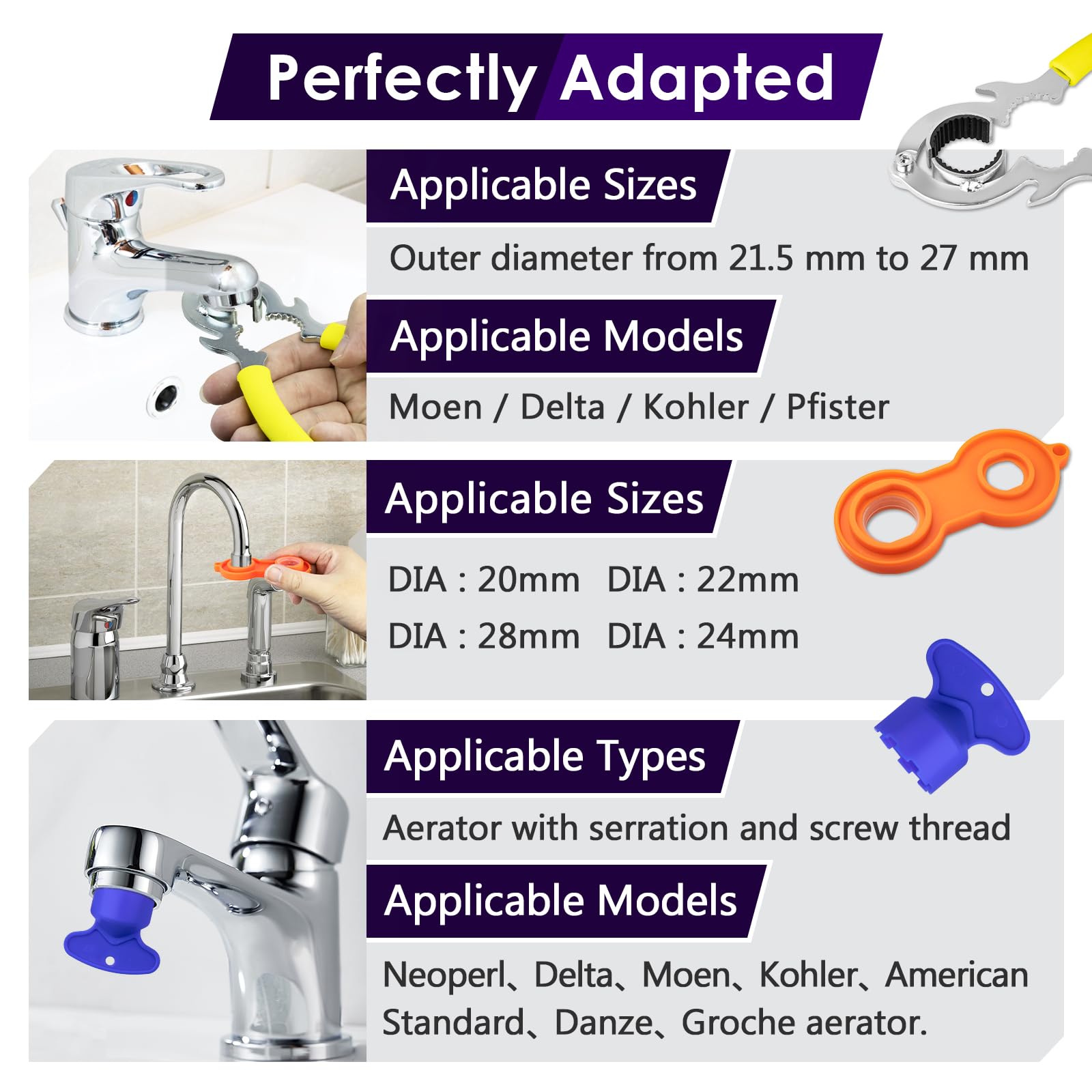 7 Pcs Faucet Aerator Removal Tool, Incl 2 Pcs Faucet Aerator Removal Wrench Tool, 5 Pcs Aerator Key for Sink Faucet with 5 Sizes, Sink Aerator Removal Tool for Kitchen Bathroom
