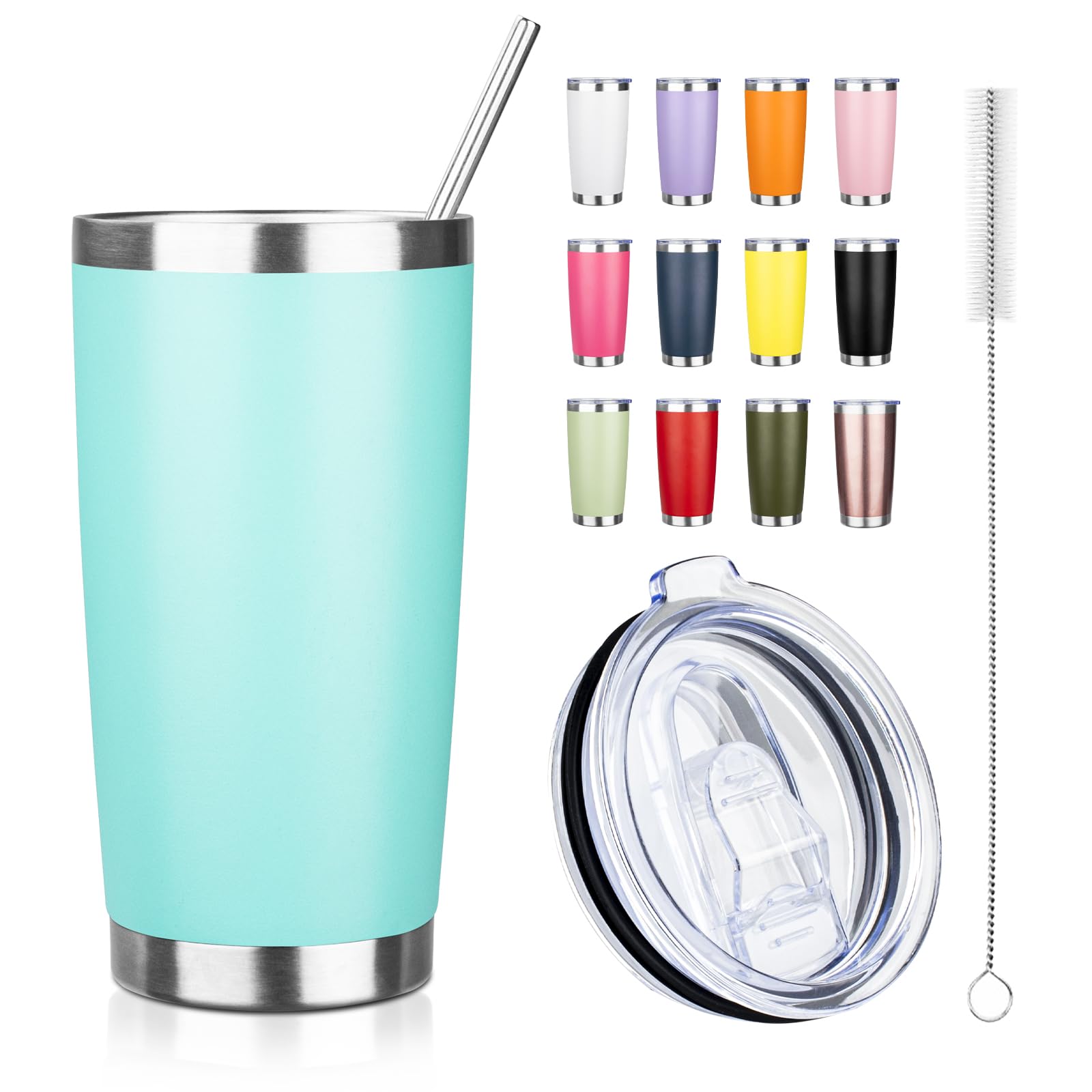 ATIKZHE 20oz Tumbler with Straw and Brush, Stainless Steel Vacuum Insulated tumbler, Double Wall Insulated Coffee Tumbler for Outdoor, Home, Travel,Office (Light Green,1pcs)