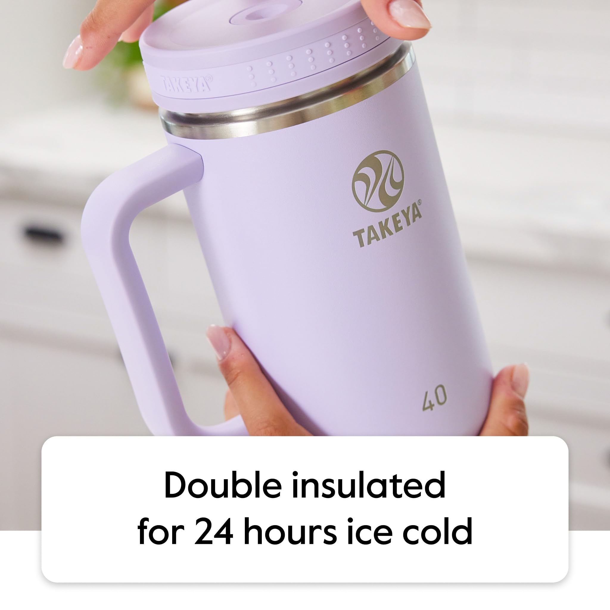 Takeya Straw Tumbler with Handle - Beverage Tumbler for Coffee, Water & More - Durable Tumbler with Built-In Silicone Coaster & 2 Straws - Double Stainless Steel Insulation - 40 oz, Oatmilk
