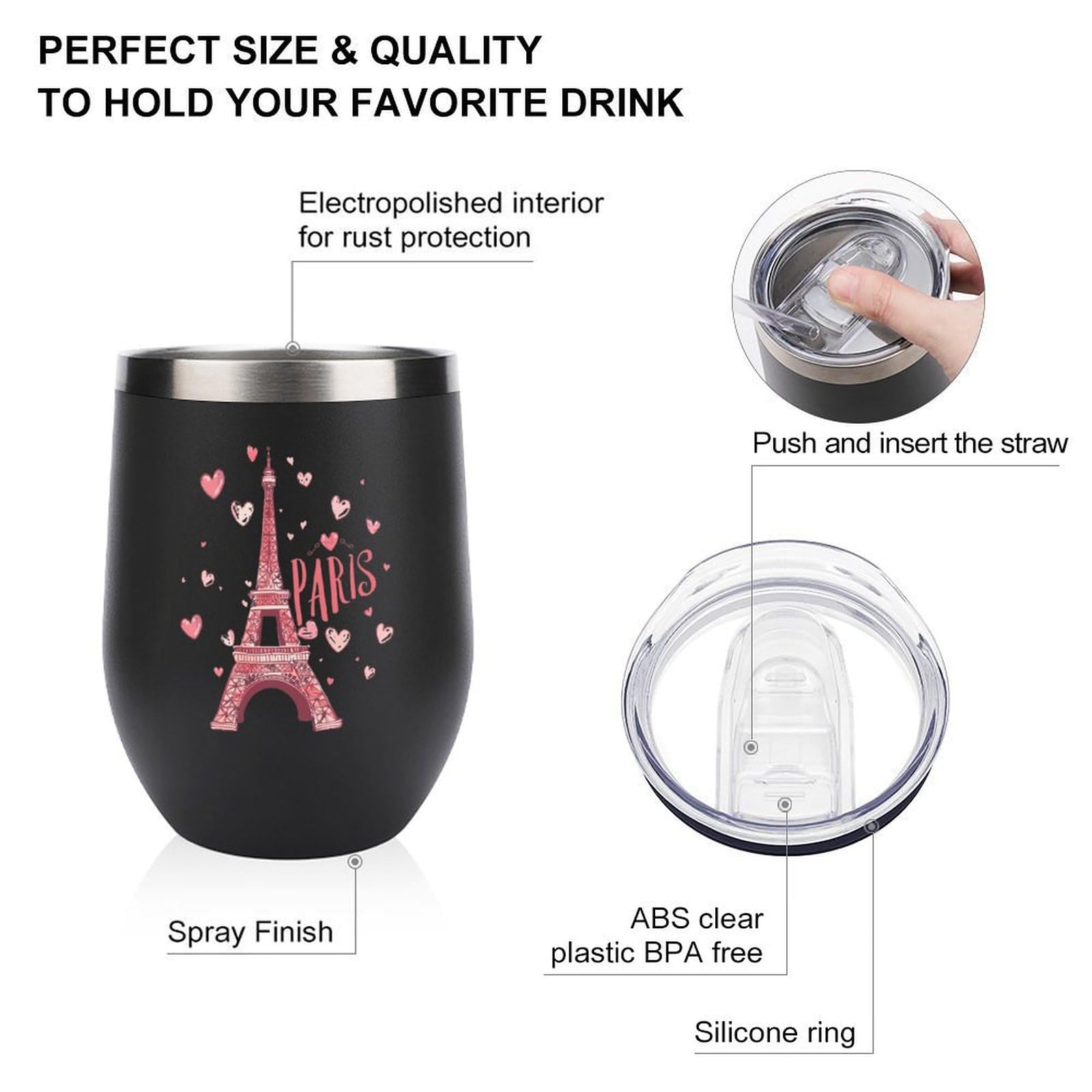 Paris France Eiffel Tower Souvenir Insulated Wine Tumbler with Lid Stainless Steel Travel Mug Coffee Cup for Cold & Hot Drinks