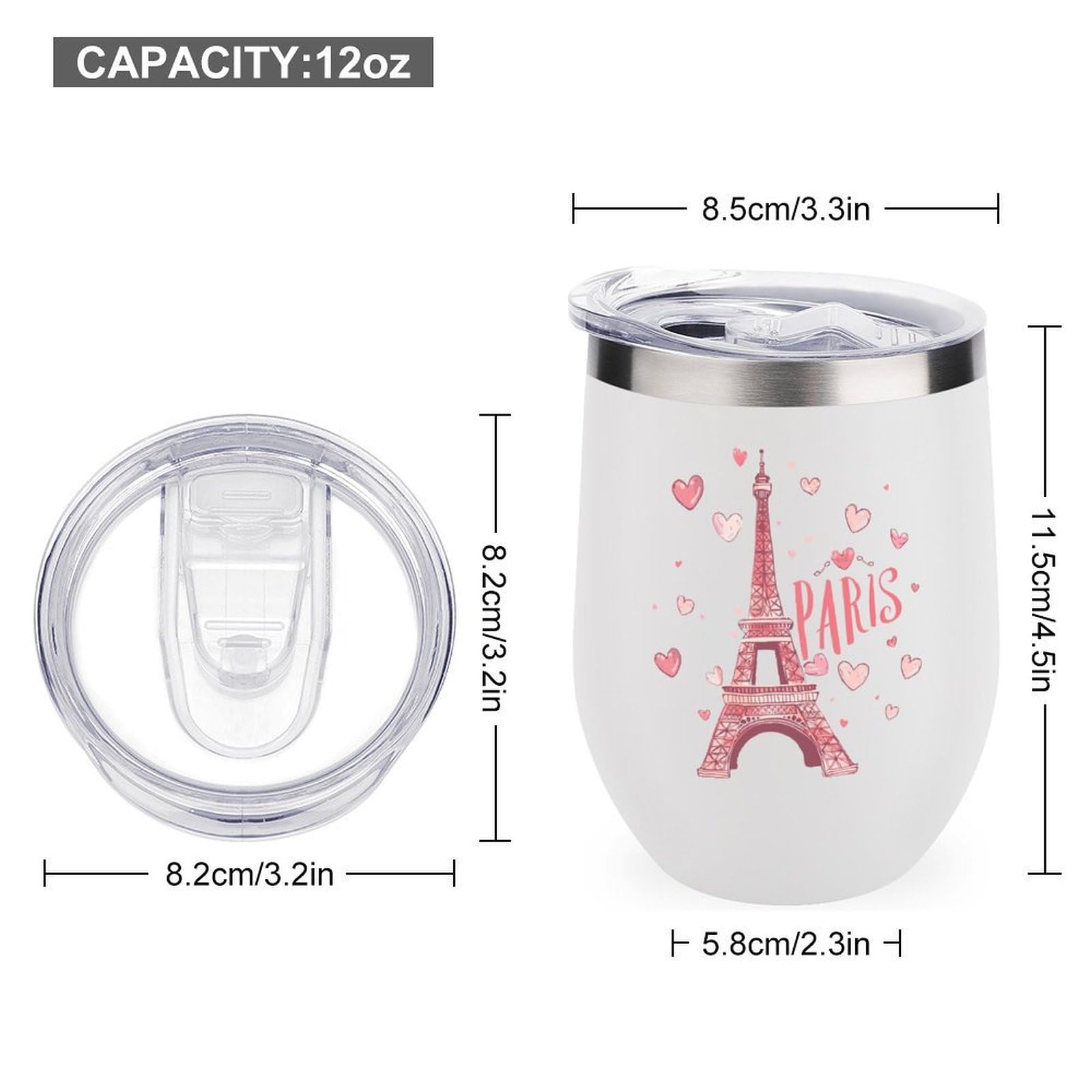 Paris France Eiffel Tower Souvenir Insulated Wine Tumbler with Lid Stainless Steel Travel Mug Coffee Cup for Cold & Hot Drinks