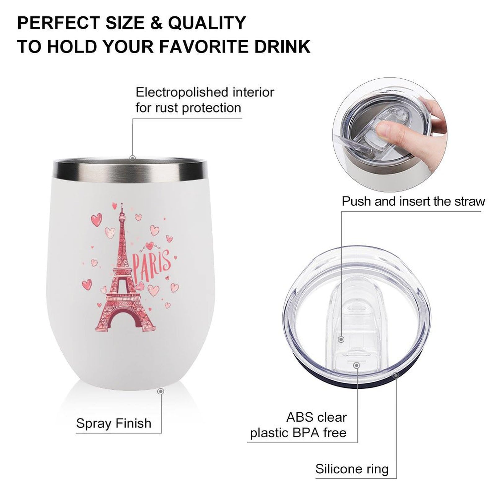 Paris France Eiffel Tower Souvenir Insulated Wine Tumbler with Lid Stainless Steel Travel Mug Coffee Cup for Cold & Hot Drinks