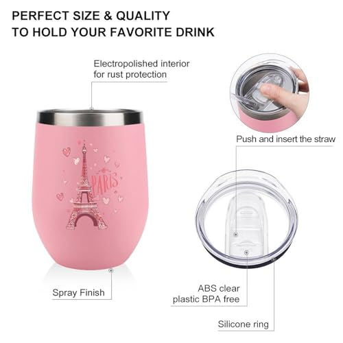 Paris France Eiffel Tower Souvenir Insulated Wine Tumbler with Lid Stainless Steel Travel Mug Coffee Cup for Cold & Hot Drinks