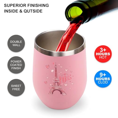 Paris France Eiffel Tower Souvenir Insulated Wine Tumbler with Lid Stainless Steel Travel Mug Coffee Cup for Cold & Hot Drinks