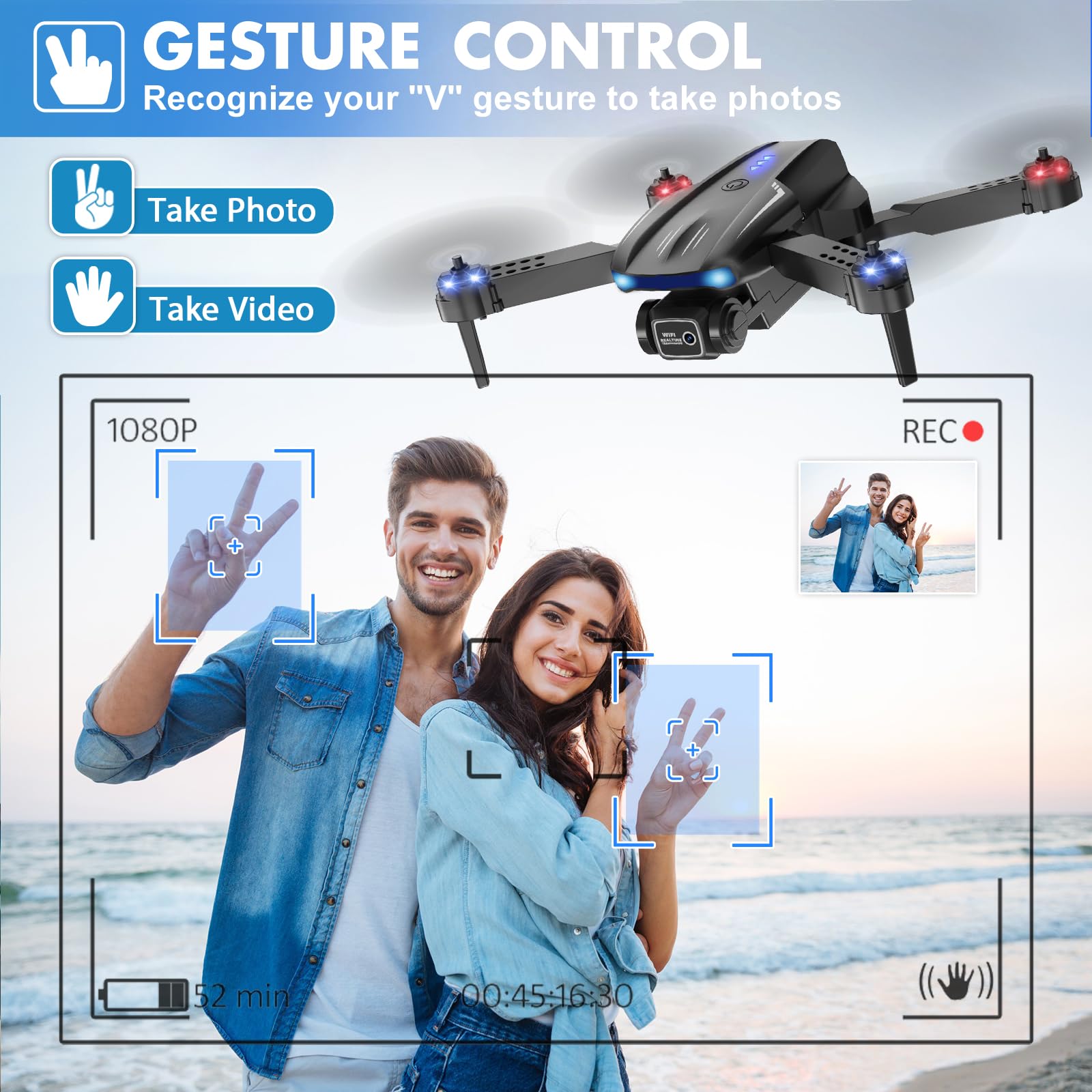 Naseto Drone with Camera 1080P for Kids Adults, Foldable HD FPV Mini Drone with 2 Batteries, One Key Take Off/Land, Altitude Hold, Headless Mode, 360°Flip, Gravity Control, Gestures Selfie, 3 Speed Mode, Waypoint Fly
