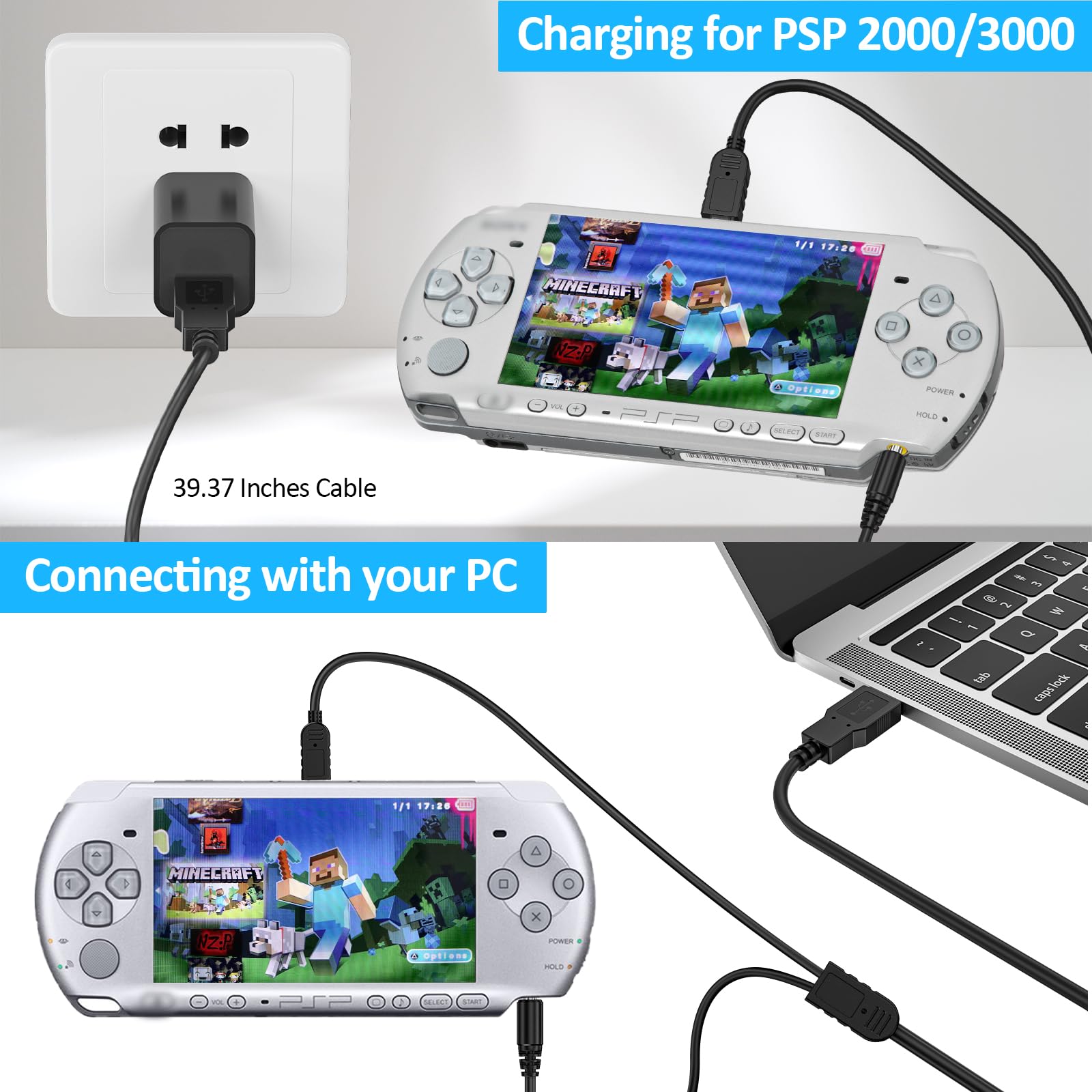 BSSING PSP Battery, 2Pcs 3.6v 1200mAh Lithium Ion Replacement Batteries with USB Charging Cable for PSP-3000, PSP-3001, PSP-2000, PSP-2001, PSP-3002, PSP-3004, PSP Lite, PSP Slim Console