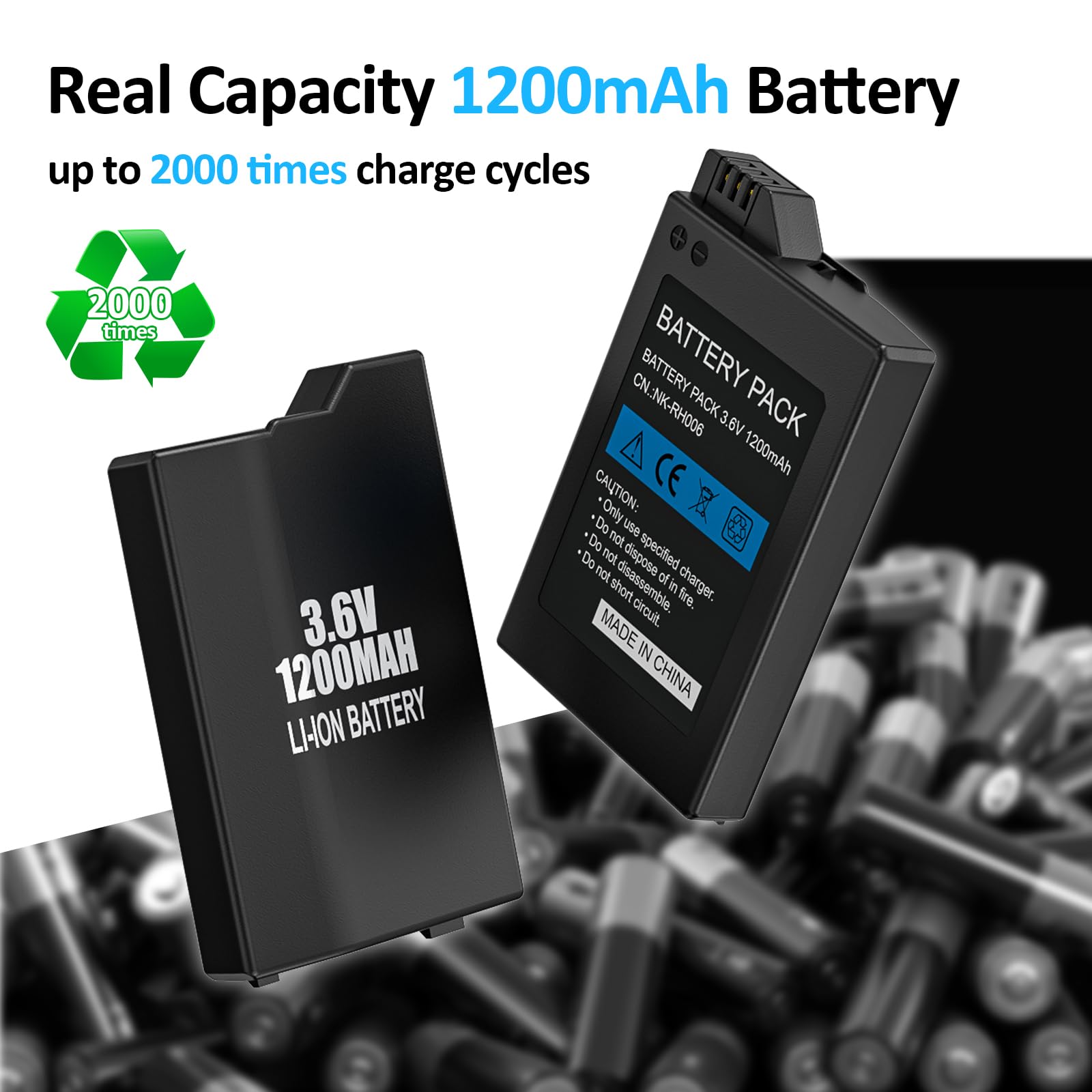 BSSING PSP Battery, 2Pcs 3.6v 1200mAh Lithium Ion Replacement Batteries with USB Charging Cable for PSP-3000, PSP-3001, PSP-2000, PSP-2001, PSP-3002, PSP-3004, PSP Lite, PSP Slim Console