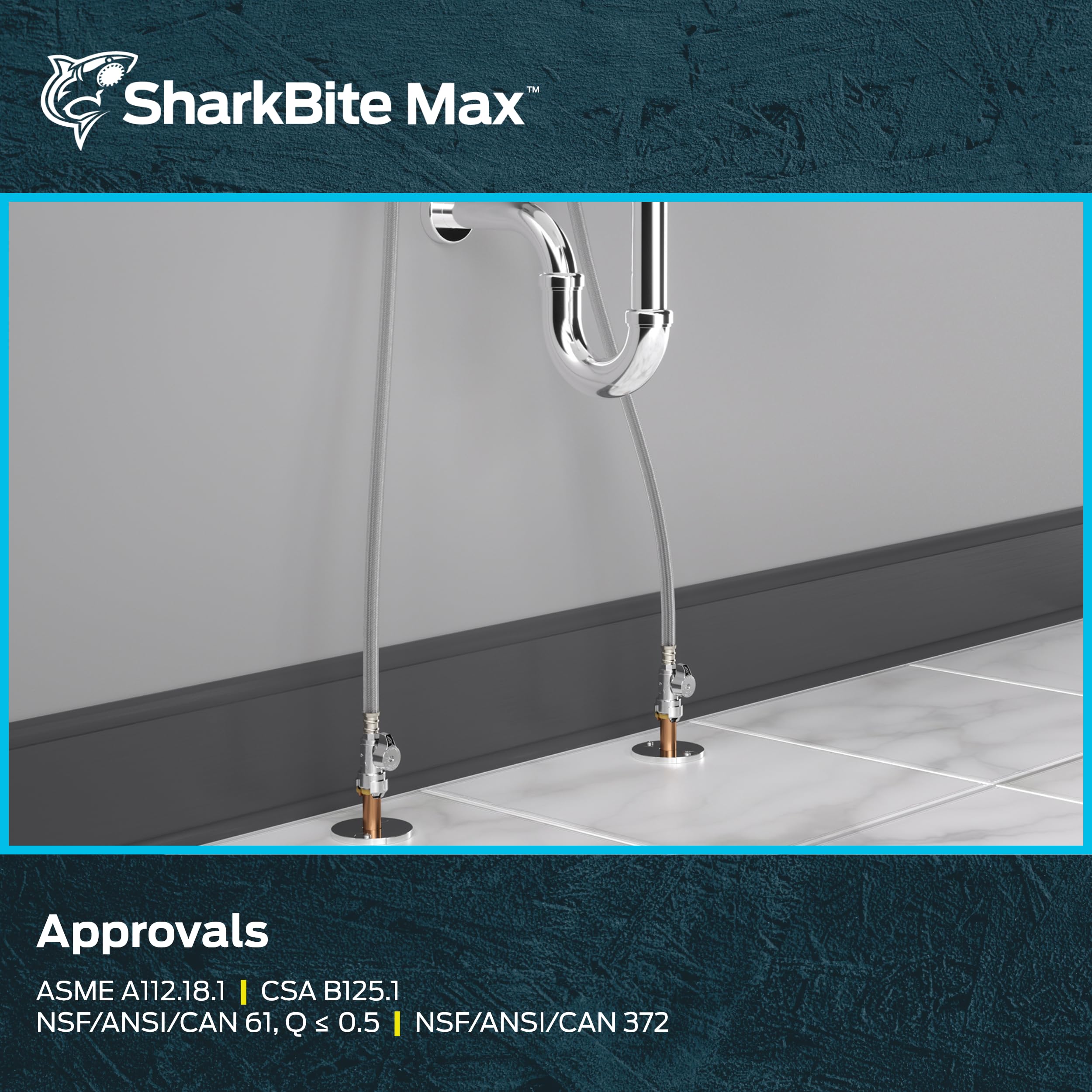 SharkBite Max 30 Inch Stainless Steel Braided Faucet Connector with 1/2 Inch Straight Stop Valve, 1/2 Inch FIP Faucet Connection, PEX Pipe, Copper, CPVC, PE-RT, HDPE, UR24687