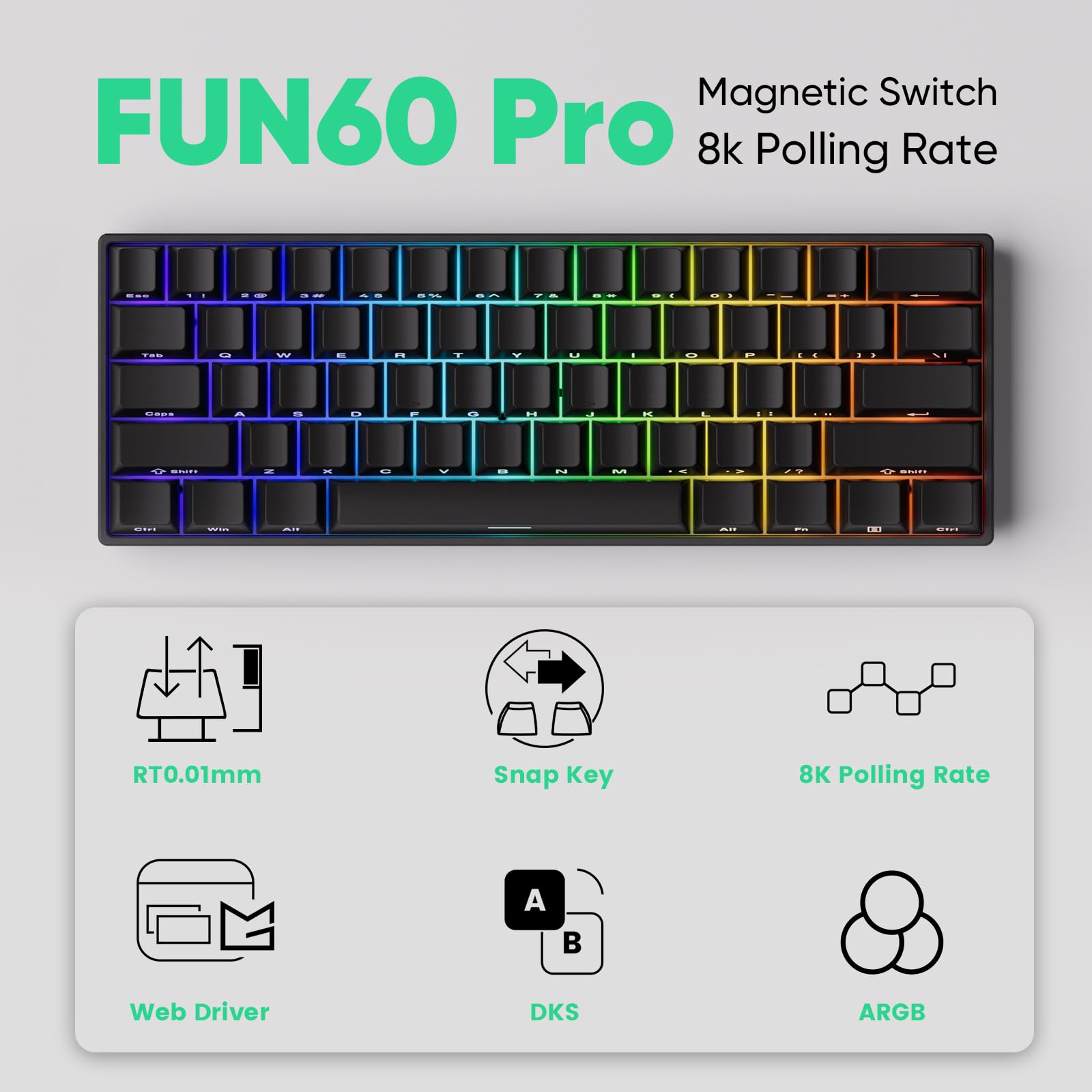 MONSGEEK FUN60 Pro Rapid Trigger Gaming Keyboard 8k SP Magnetic Switch HE Keyboard Wired 60% Black Shine-Through (Glare Magnetic Switch)