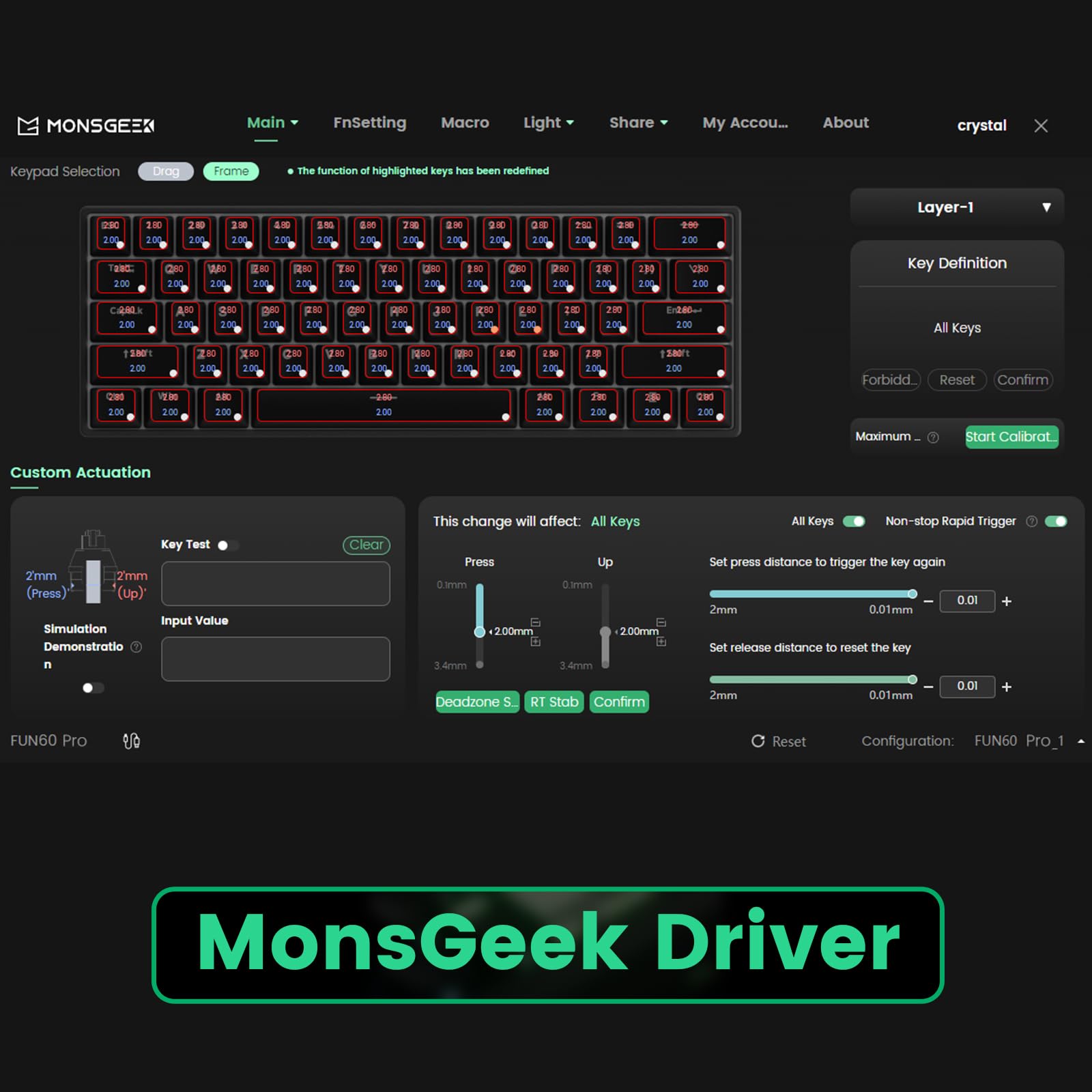 MONSGEEK FUN60 Pro Rapid Trigger Gaming Keyboard 8k SP Magnetic Switch HE Keyboard Wired 60% Black Shine-Through (Glare Magnetic Switch)