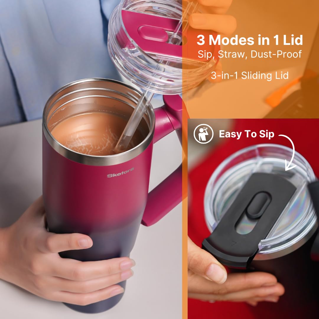 SKETORA 32 oz Tumbler with Rotatable Handle & 3 in 1 Sliding Lid - Stainless Steel Travel Coffee Mug for Hot & Cold Drinks (Soft Lavender)