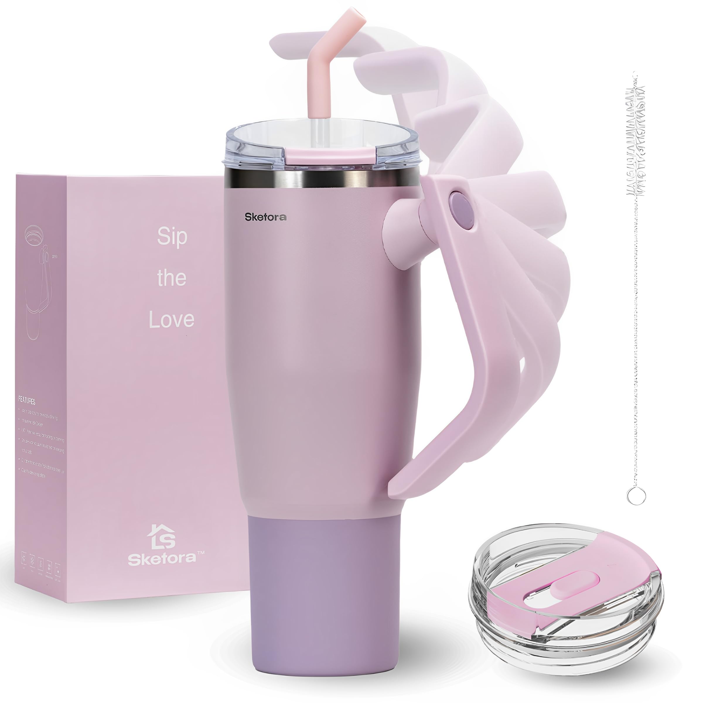 SKETORA 32 oz Tumbler with Rotatable Handle & 3 in 1 Sliding Lid - Stainless Steel Travel Coffee Mug for Hot & Cold Drinks (Soft Lavender)