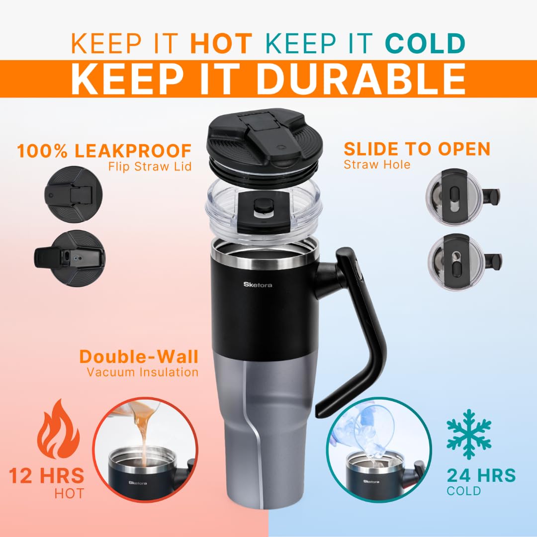 SKETORA 32oz Insulated Tumbler with Rotatable Handle and 2 Lids (Flip Straw, 3-in-1 Sliding Lid) - Stainless Steel Travel Mug for Hot & Cold Drinks, Arctic White