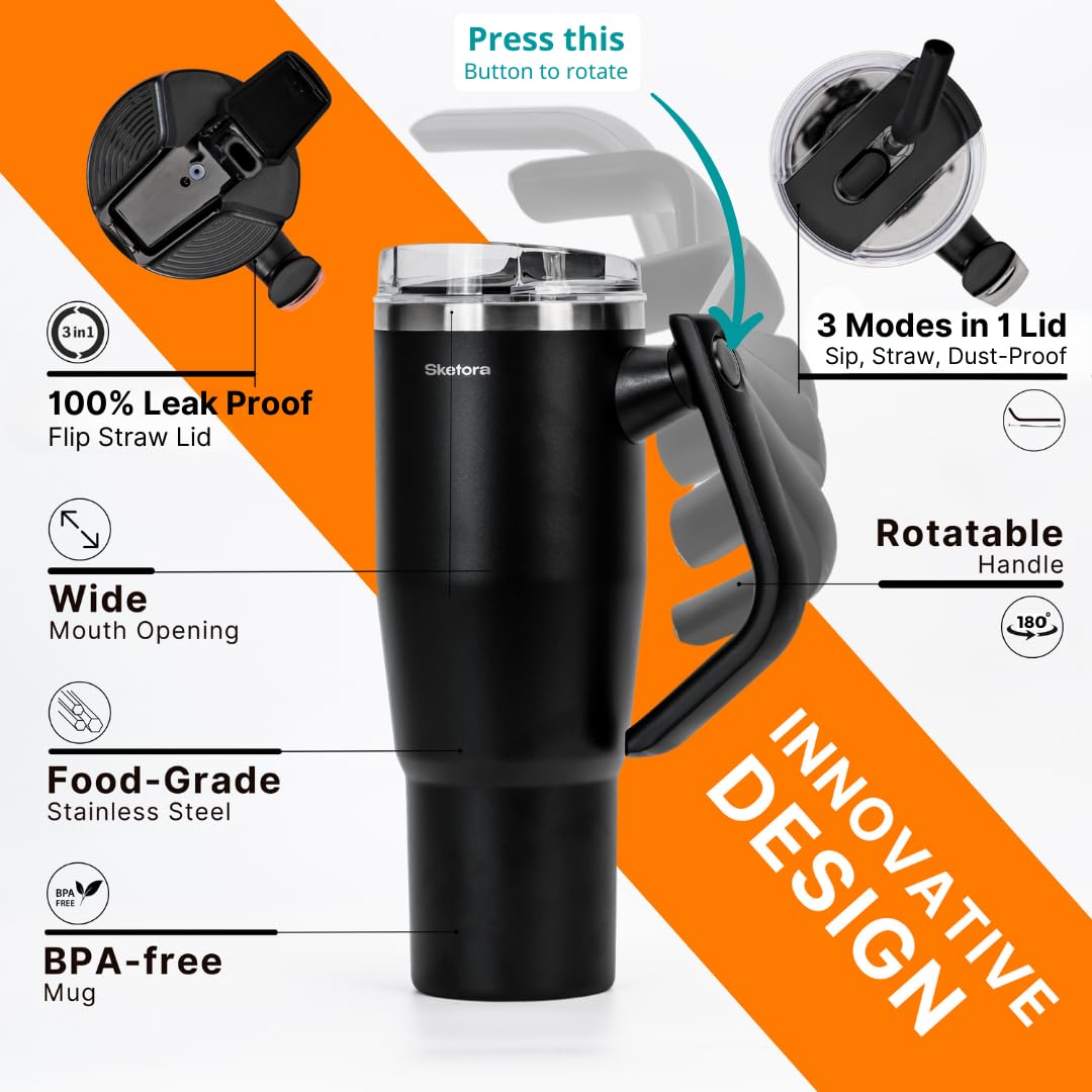 SKETORA 32oz Insulated Tumbler with Rotatable Handle and 2 Lids (Flip Straw, 3-in-1 Sliding Lid) - Stainless Steel Travel Mug for Hot & Cold Drinks, Soft Lavender