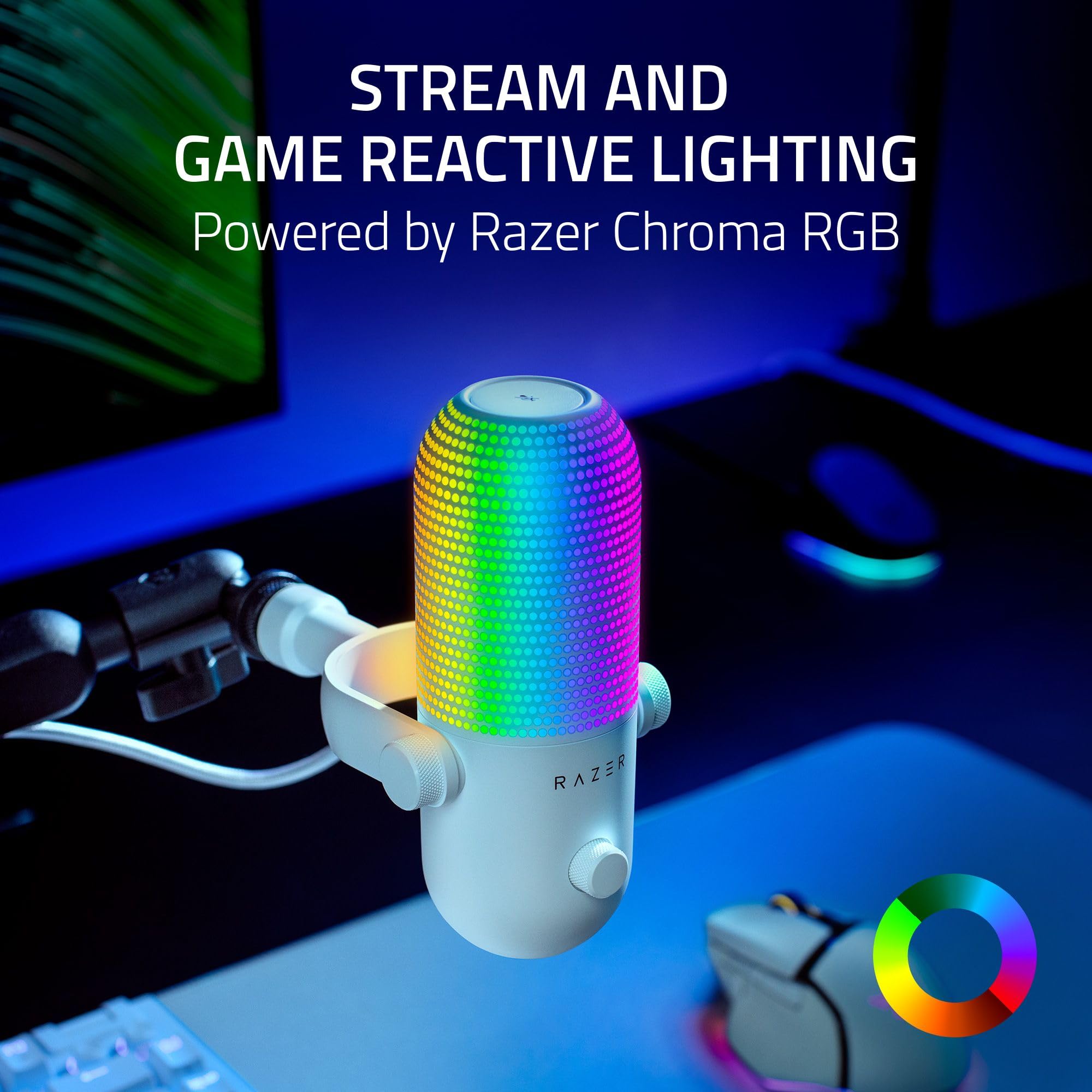 Razer Seiren V3 Chroma RGB USB Microphone: Stream & Game Reactive Lighting - Tap-to-Mute Sensor Condenser Mic - Digital Gain Limiter & Shock Absorber PC, Discord, OBS Studio, XSplit White (Renewed)