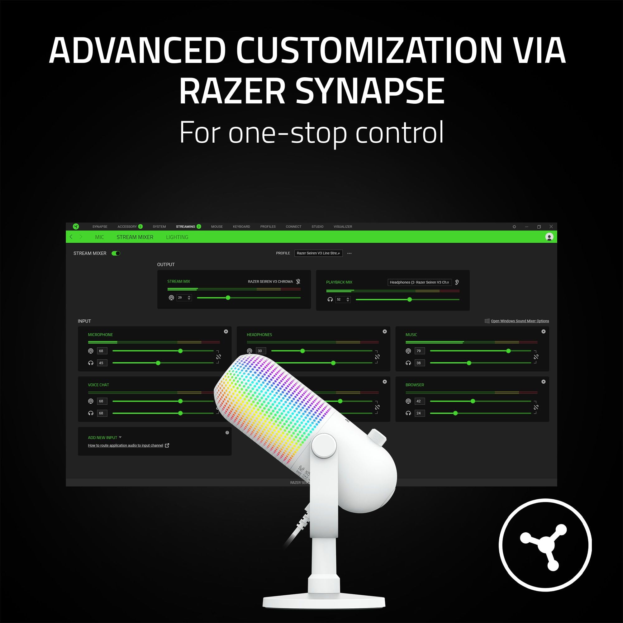 Razer Seiren V3 Chroma RGB USB Microphone: Stream & Game Reactive Lighting - Tap-to-Mute Sensor Condenser Mic - Digital Gain Limiter & Shock Absorber PC, Discord, OBS Studio, XSplit White (Renewed)