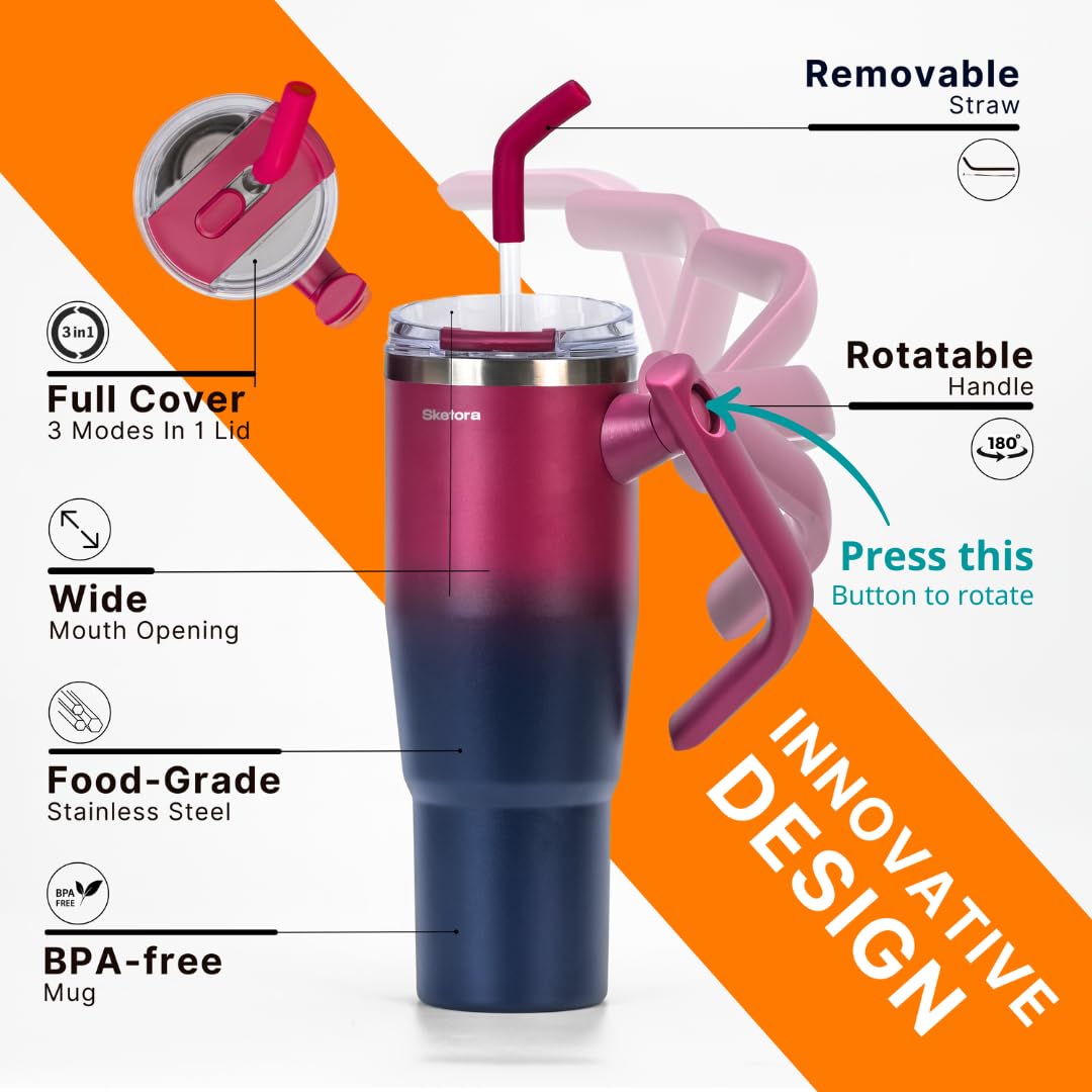 SKETORA 32 oz Tumbler with Rotatable Handle & 3 in 1 Sliding Lid - Stainless Steel Travel Coffee Mug for Hot & Cold Drinks (Arctic White)