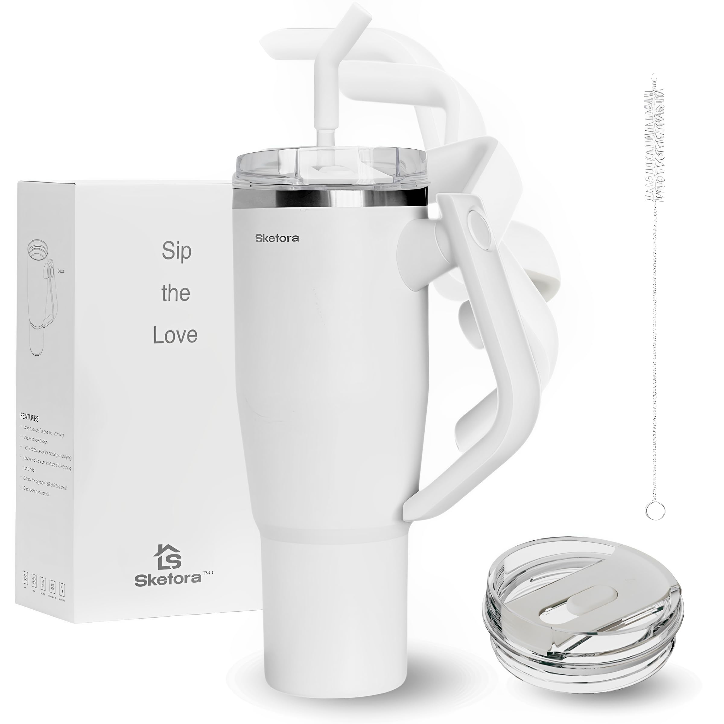 SKETORA 32 oz Tumbler with Rotatable Handle & 3 in 1 Sliding Lid - Stainless Steel Travel Coffee Mug for Hot & Cold Drinks (Arctic White)
