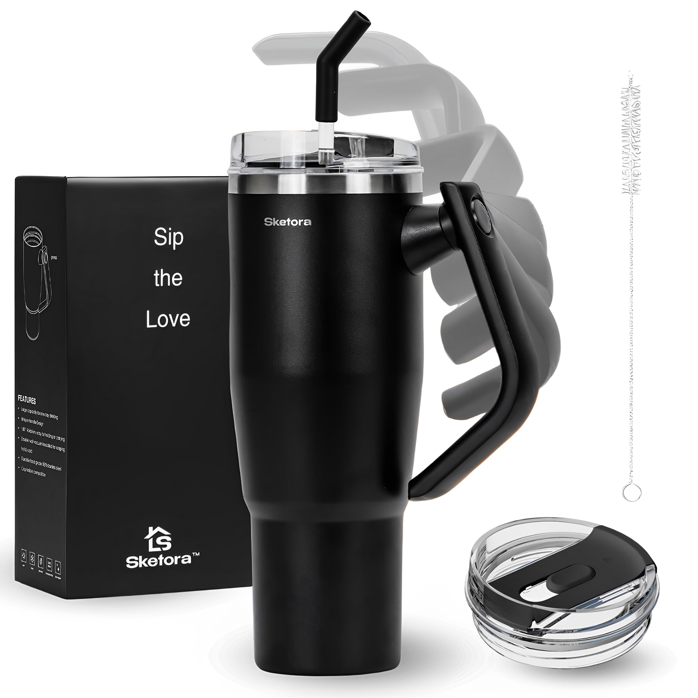 SKETORA 32 oz Tumbler with Rotatable Handle & 3 in 1 Sliding Lid - Stainless Steel Travel Coffee Mug for Hot & Cold Drinks (Midnight Matte Black)