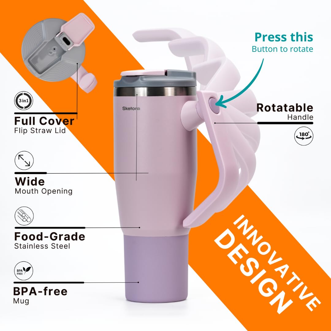 SKETORA 32oz Insulated Tumbler with Rotatable Handle and Flip Straw Lid - Stainless Steel Travel Mug for Hot & Cold Drinks, Soft Lavender