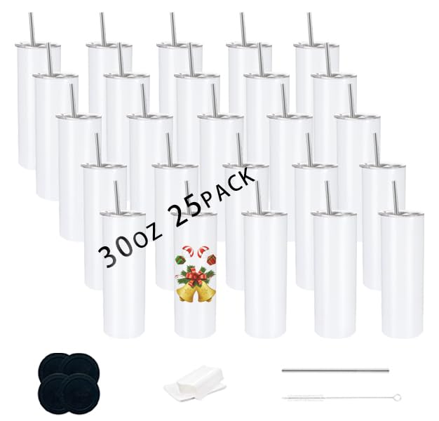 JKGTKC 25pack 30oz sublimation straight tumbler bluk double wall stainless steel vacuum cup with metal straw and silding lid for wholesale banks for DIY gift （30oz）