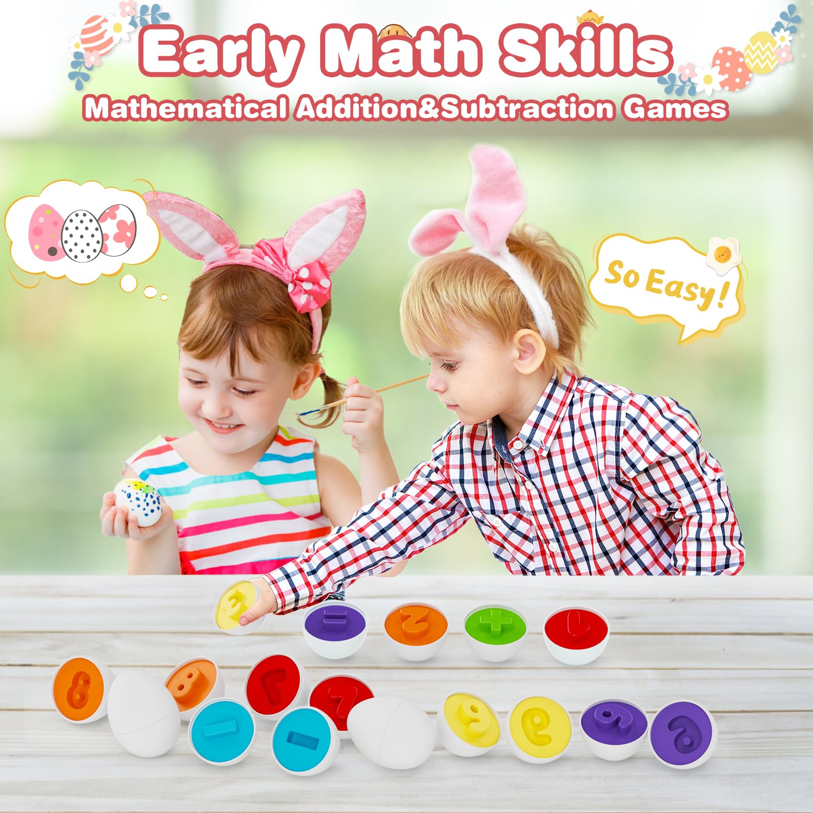 maysida Easter Basket Stuffers 12 Pack Matching Eggs, Shape Color Easter Eggs with Chicken Toy, Sensory Play Learn Toy for Kids Toddler Girl Boy, Educational Easter Essentials Gift Hunts Party Favors