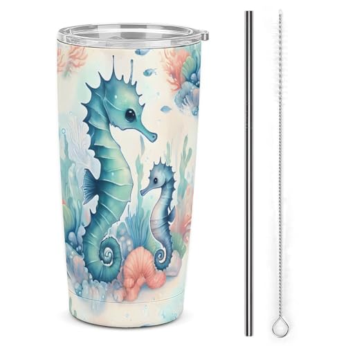 KIOWEIR Cute Seahorse Stainless Steel Tumbler 20oz With Lid And Straw, Insulated Tumblers Coffee Cup, Travel Mug for Ice Drink & Hot Beverage for Women Men Boys Girls