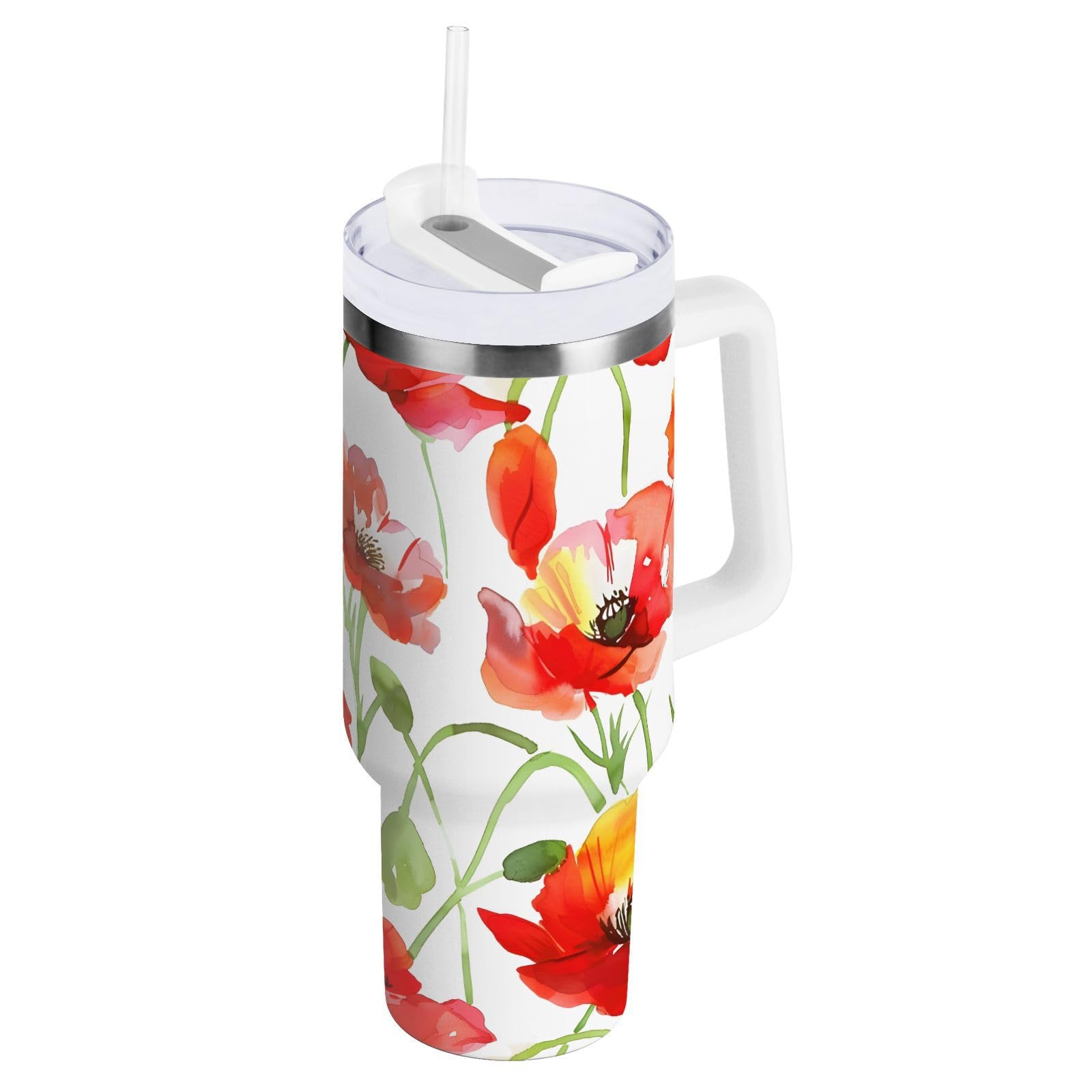FENOCHE Poppy Flower Floral 30 oz Tumbler Insulated Cups Stainless Steel Water Bottle with Handle Lid and Straw Tumblers for Car Cup Holder