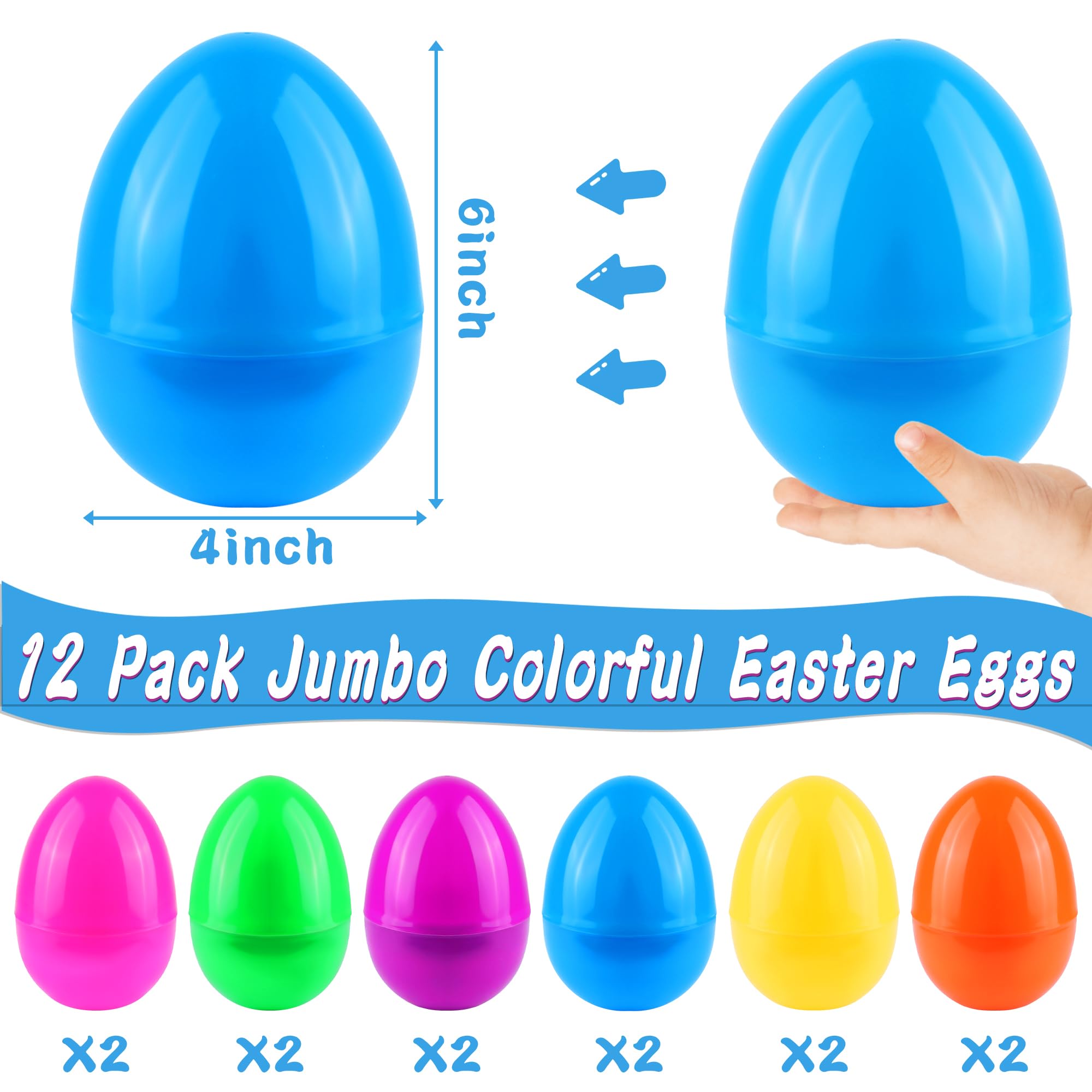 12 PCS Jumbo Easter Eggs 6 Inch Colorful Giant Plastic Easter Eggs Fillable Large Suprise Egg for Easter Themed Hunt Basket Stuffers Fillers Filling Treats Party Favors Classroom Prize Supplies