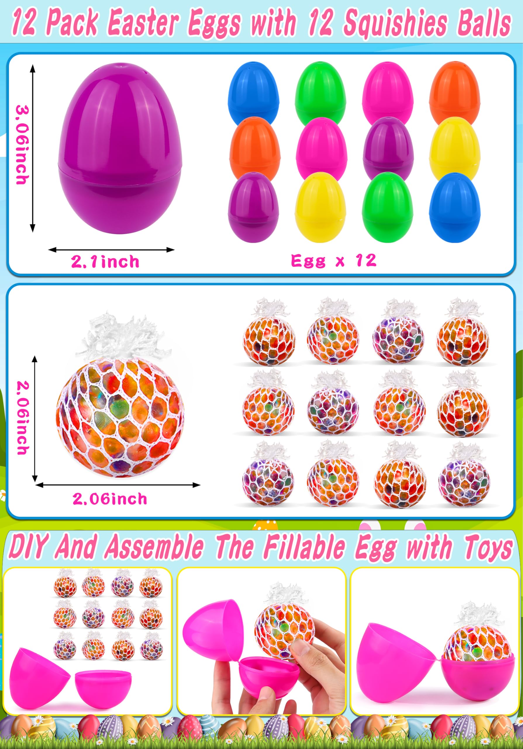 12 Pack Easter Eggs Filled with LED Stress Balls Fidget Toys, Easter Eggs Fillers Light Up Squishies Squeeze Ball Sensory Toys Easter Hunts Party Favors Easter Basket Stuffers for Kids Boys Girls