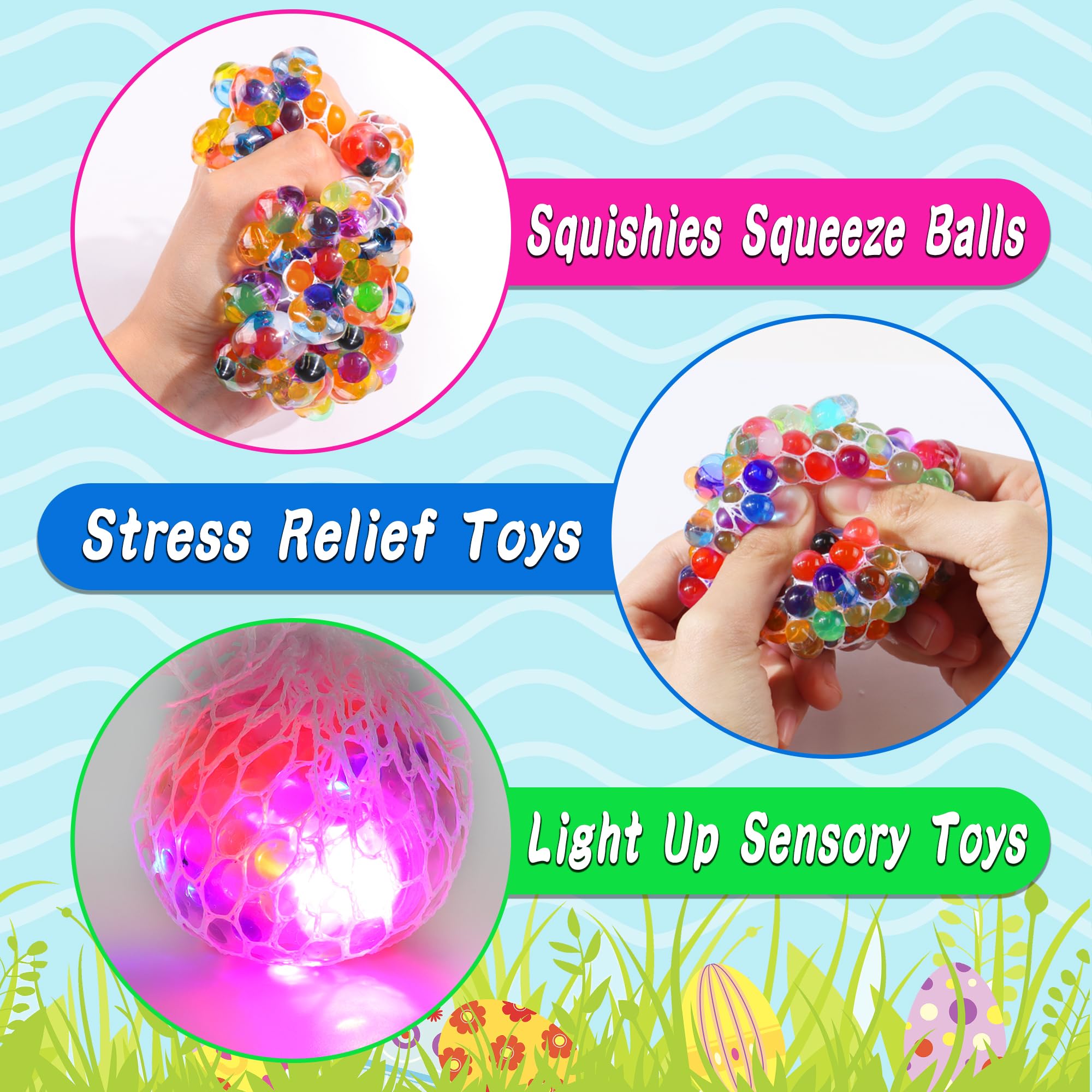 12 Pack Easter Eggs Filled with LED Stress Balls Fidget Toys, Easter Eggs Fillers Light Up Squishies Squeeze Ball Sensory Toys Easter Hunts Party Favors Easter Basket Stuffers for Kids Boys Girls