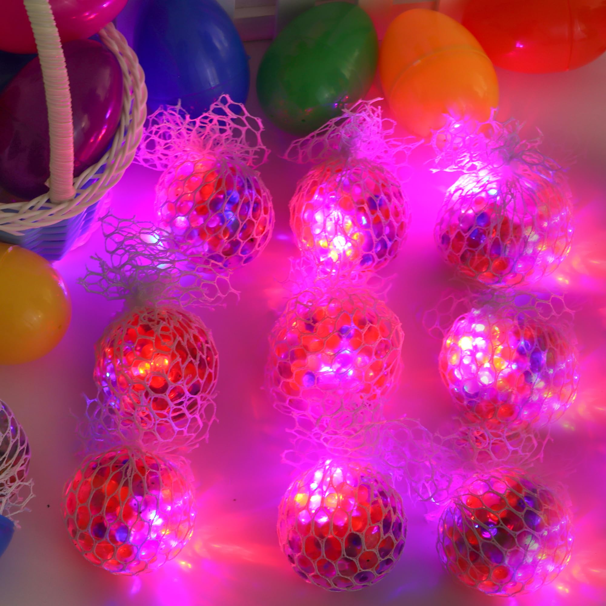 12 Pack Easter Eggs Filled with LED Stress Balls Fidget Toys, Easter Eggs Fillers Light Up Squishies Squeeze Ball Sensory Toys Easter Hunts Party Favors Easter Basket Stuffers for Kids Boys Girls