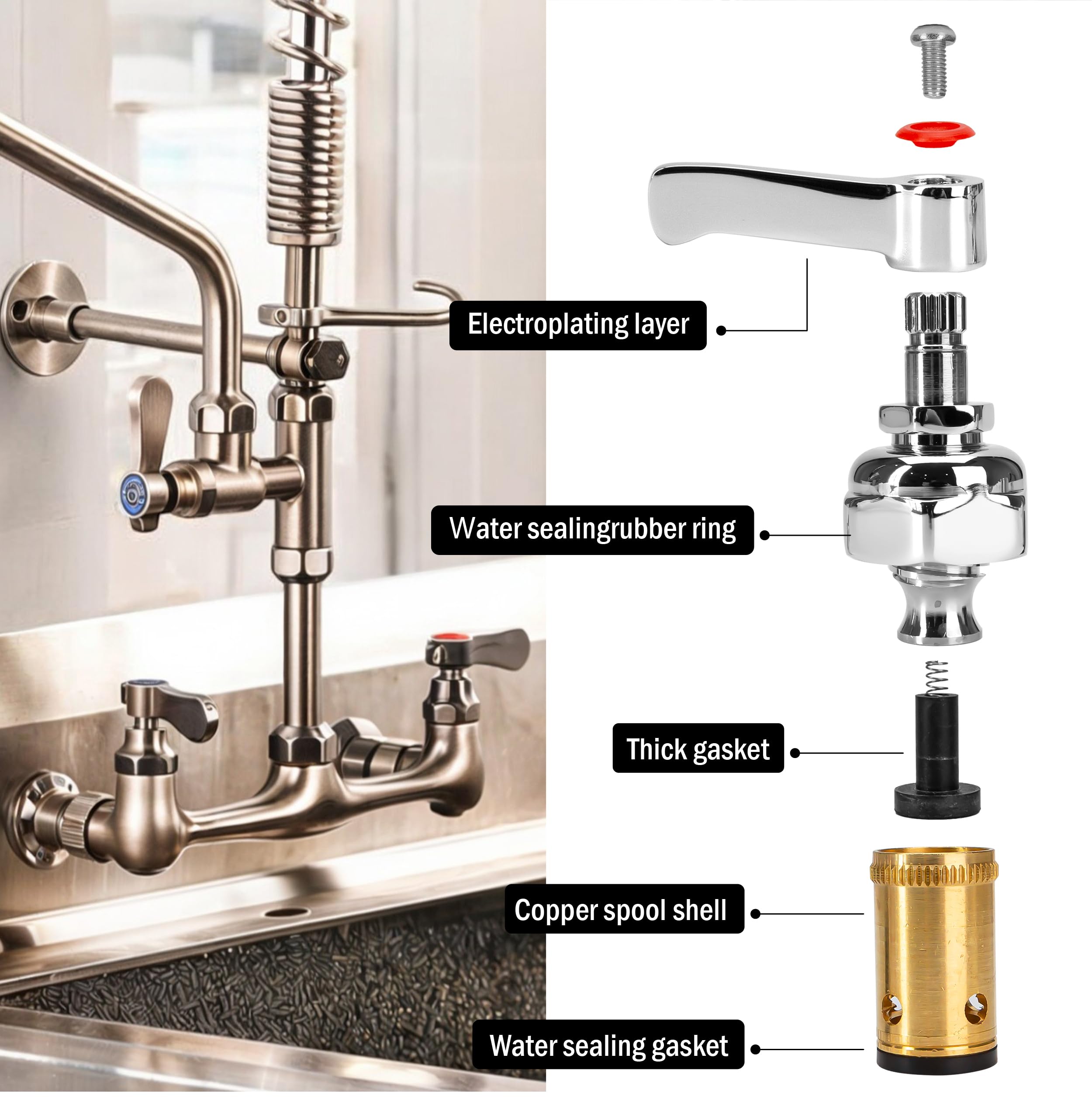 Handle Stem Assembly Fits for T&S Brass Faucets Replace 002712-40, Red Hot Side Spindle Assembly Valve Replacement Part Eterna Full-Turn Faucet with Check Valve Lead-Free 2712-40