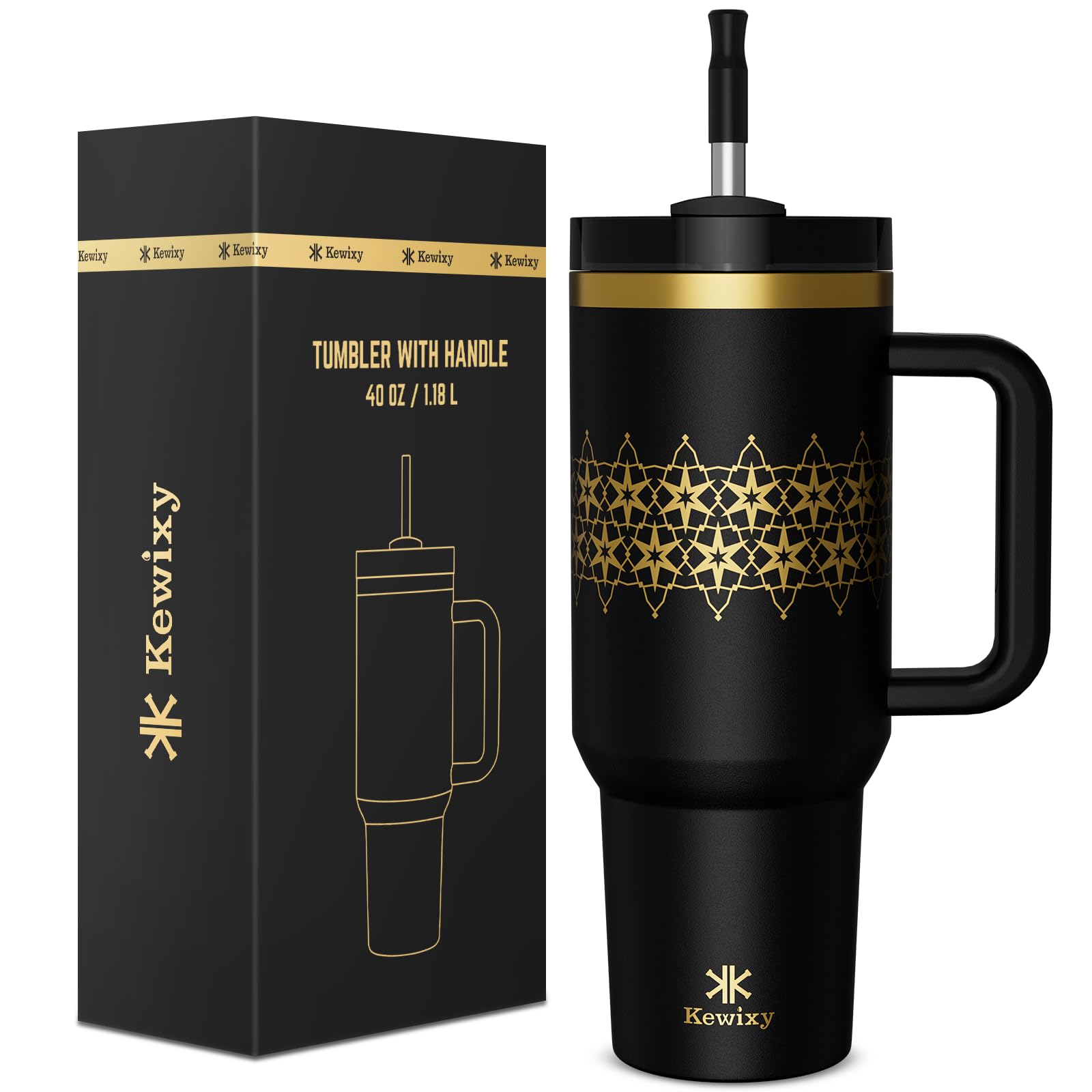 KEWIXY 40 oz Tumbler With Handle and Straw, Gloss Insulated Travel Tumbler, Fits in Cup Holder, Travel Coffee Mug with Lid, Included Leak Proof Straw Cover -Galaxy Hex